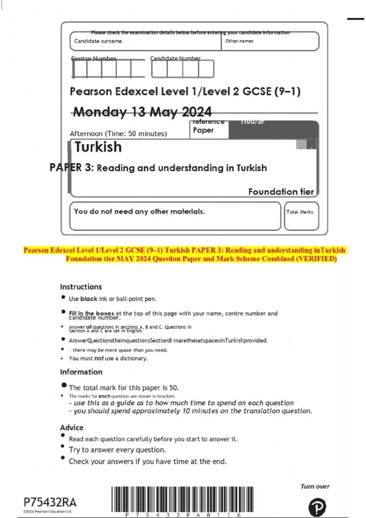 Pearson Edexcel Level 1/Level 2 GCSE (9–1) Turkish PAPER 3: Reading and ...