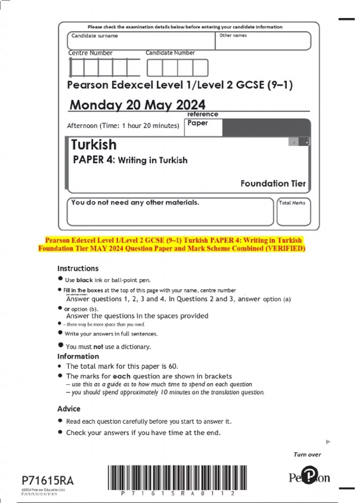 Pearson Edexcel Level 1/Level 2 GCSE (9–1) Turkish PAPER 4: Writing in ...