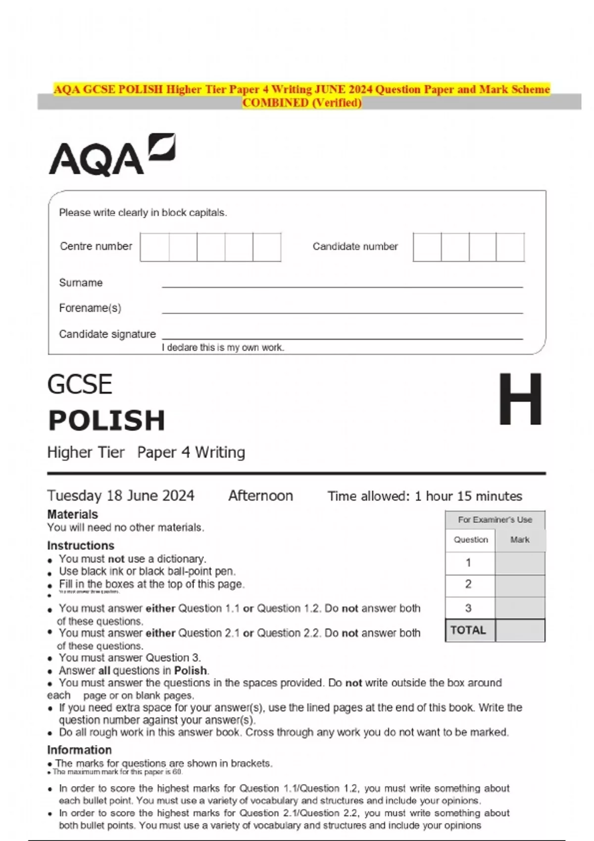 AQA GCSE POLISH Higher Tier Paper 4 Writing JUNE 2024 Question Paper ...