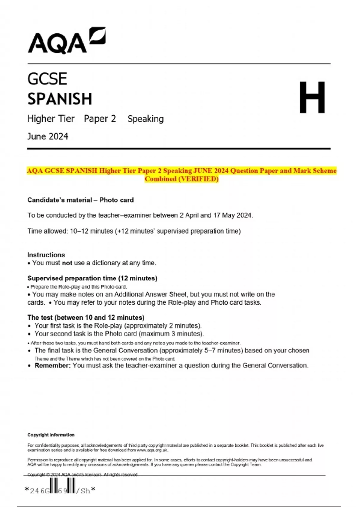 AQA GCSE SPANISH Higher Tier Paper 2 Speaking JUNE 2024 Question Paper ...