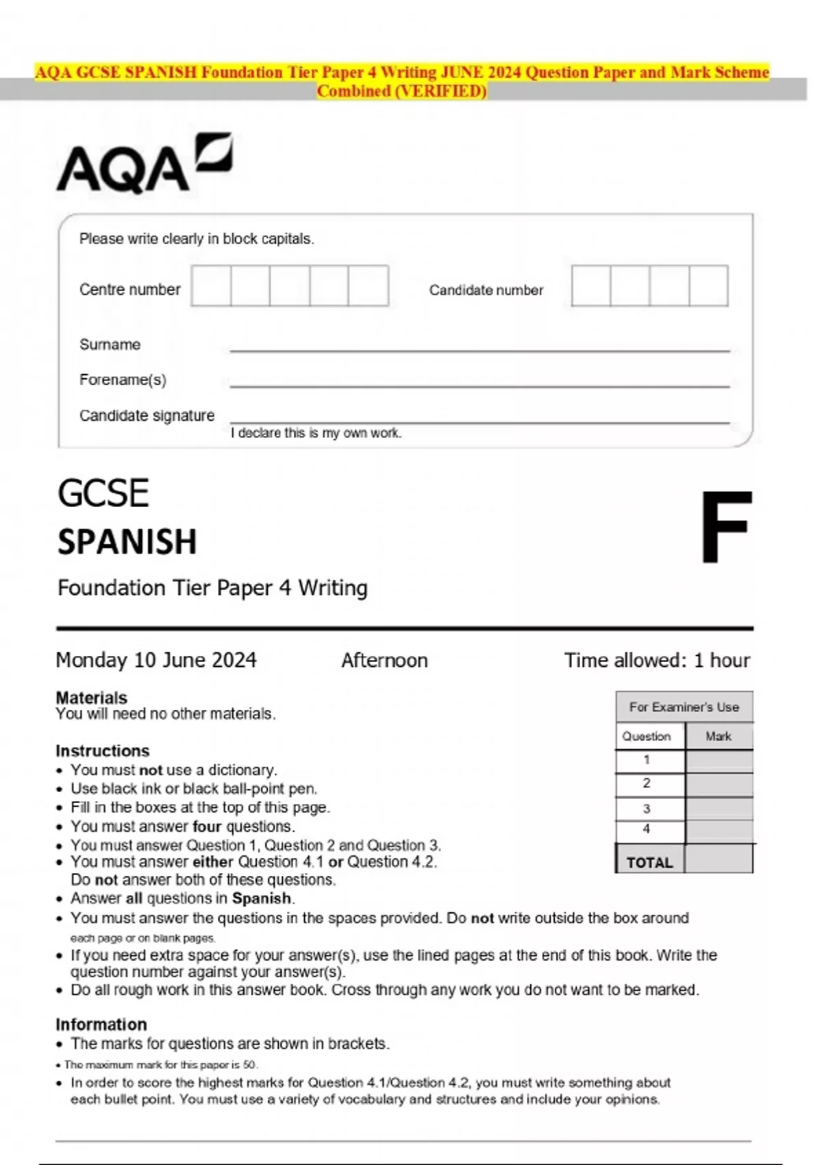 AQA GCSE SPANISH Foundation Tier Paper 4 Writing JUNE 2024 Question ...