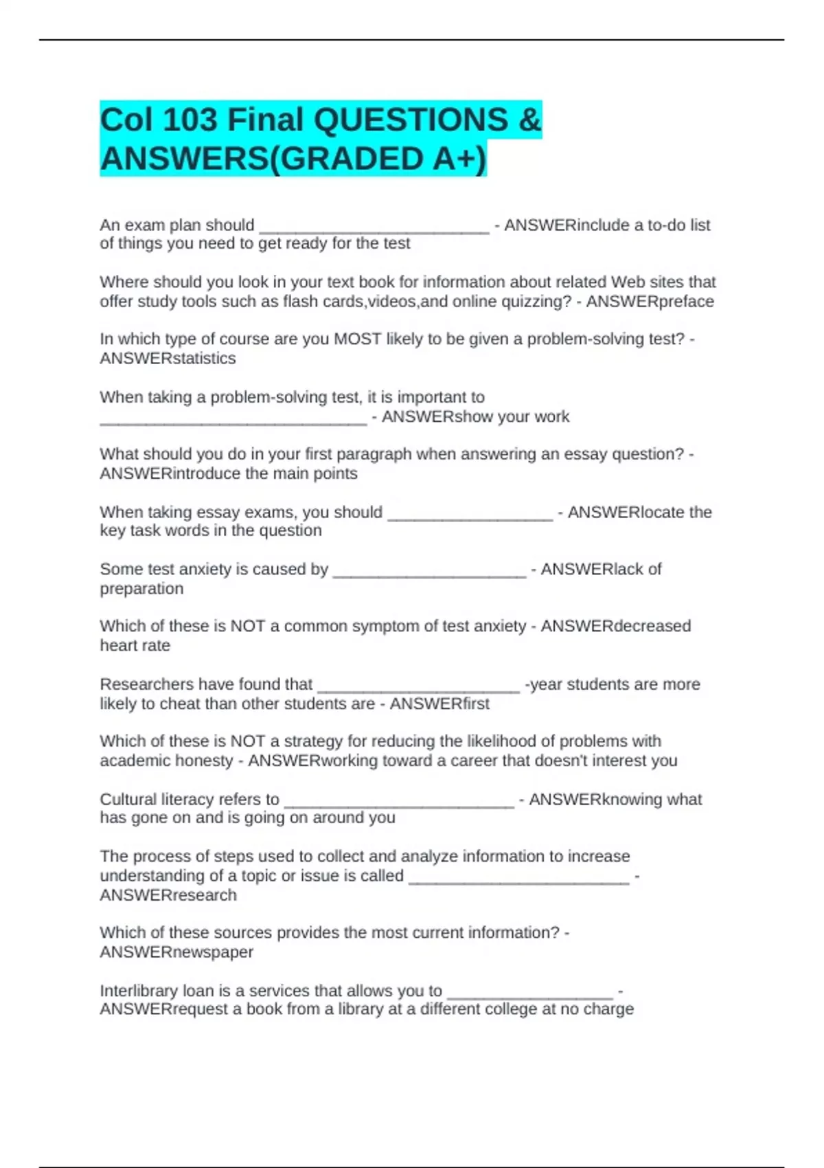 Col 103 Final QUESTIONS & ANSWERS(GRADED A+) - Col 103 - Stuvia US