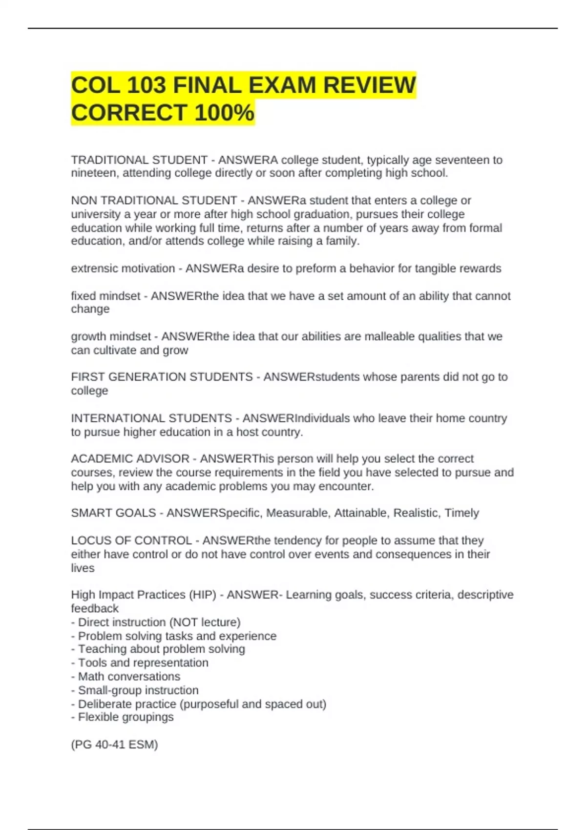 COL 103 FINAL EXAM REVIEW CORRECT 100% - COL 103 - Stuvia US