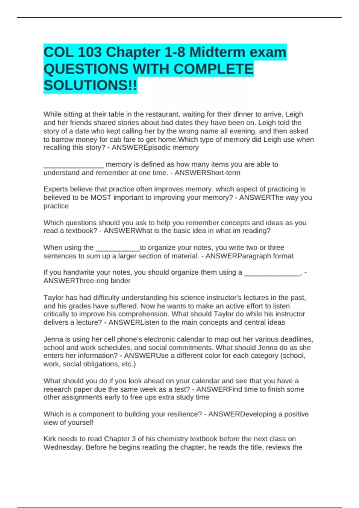 COL 103 Chapter 1-8 Midterm exam QUESTIONS WITH COMPLETE SOLUTIONS!! - COL 103 Chapter 1-8 ...