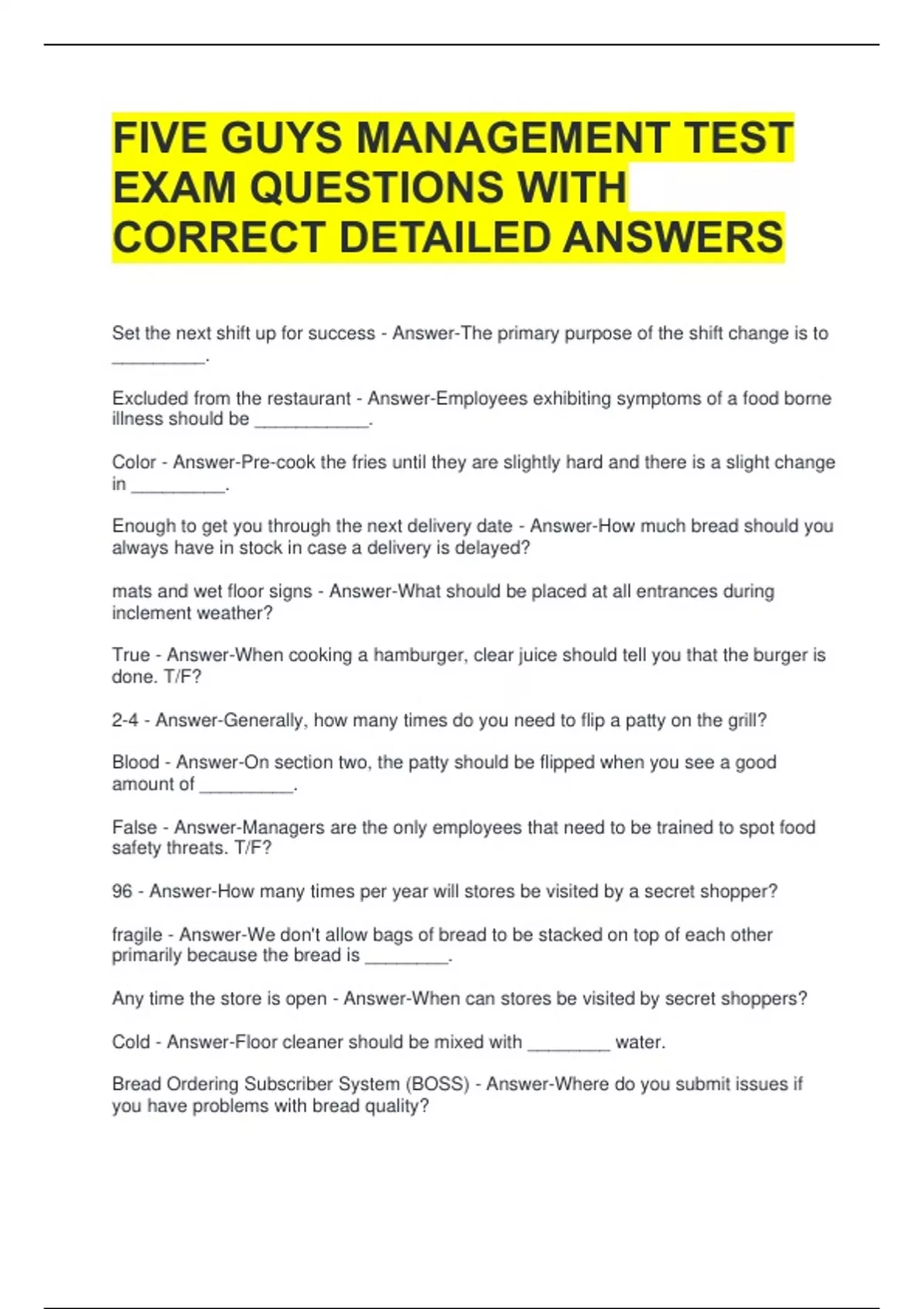 FIVE GUYS MANAGEMENT TEST EXAM QUESTIONS WITH CORRECT DETAILED ANSWERS ...