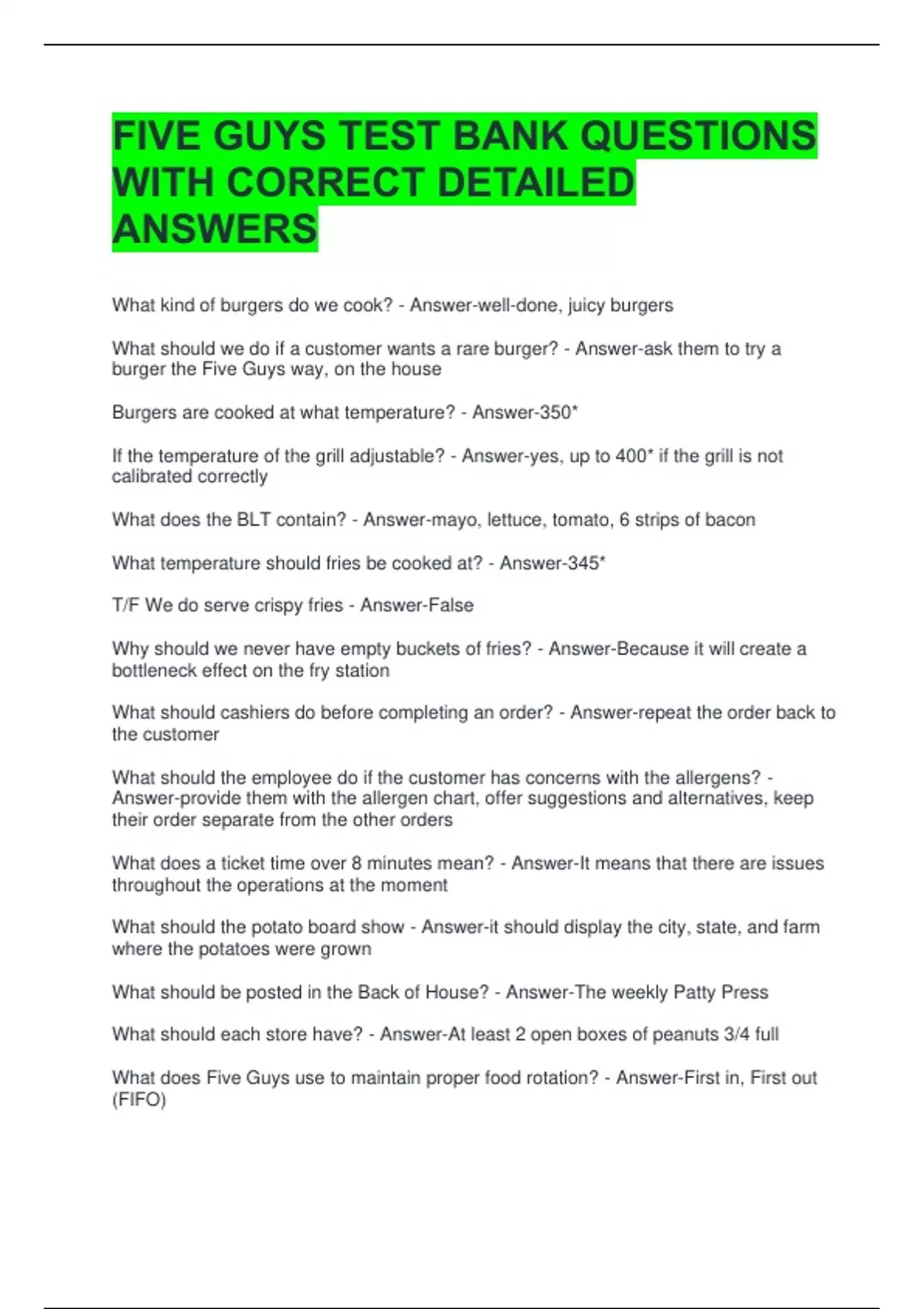 FIVE GUYS TEST BANK QUESTIONS WITH CORRECT DETAILED ANSWERS - FIVE GUYS ...