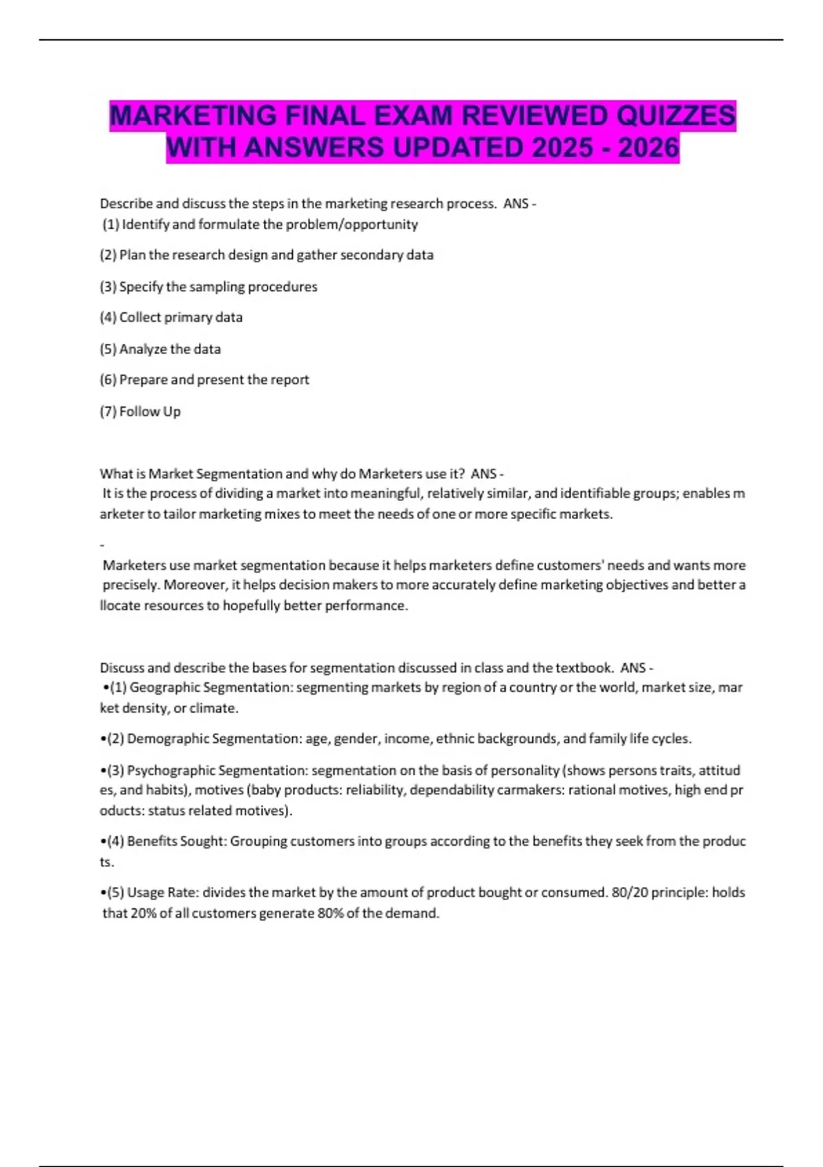 MARKETING FINAL EXAM REVIEWED QUIZZES WITH ANSWERS UPDATED - AIDA ...