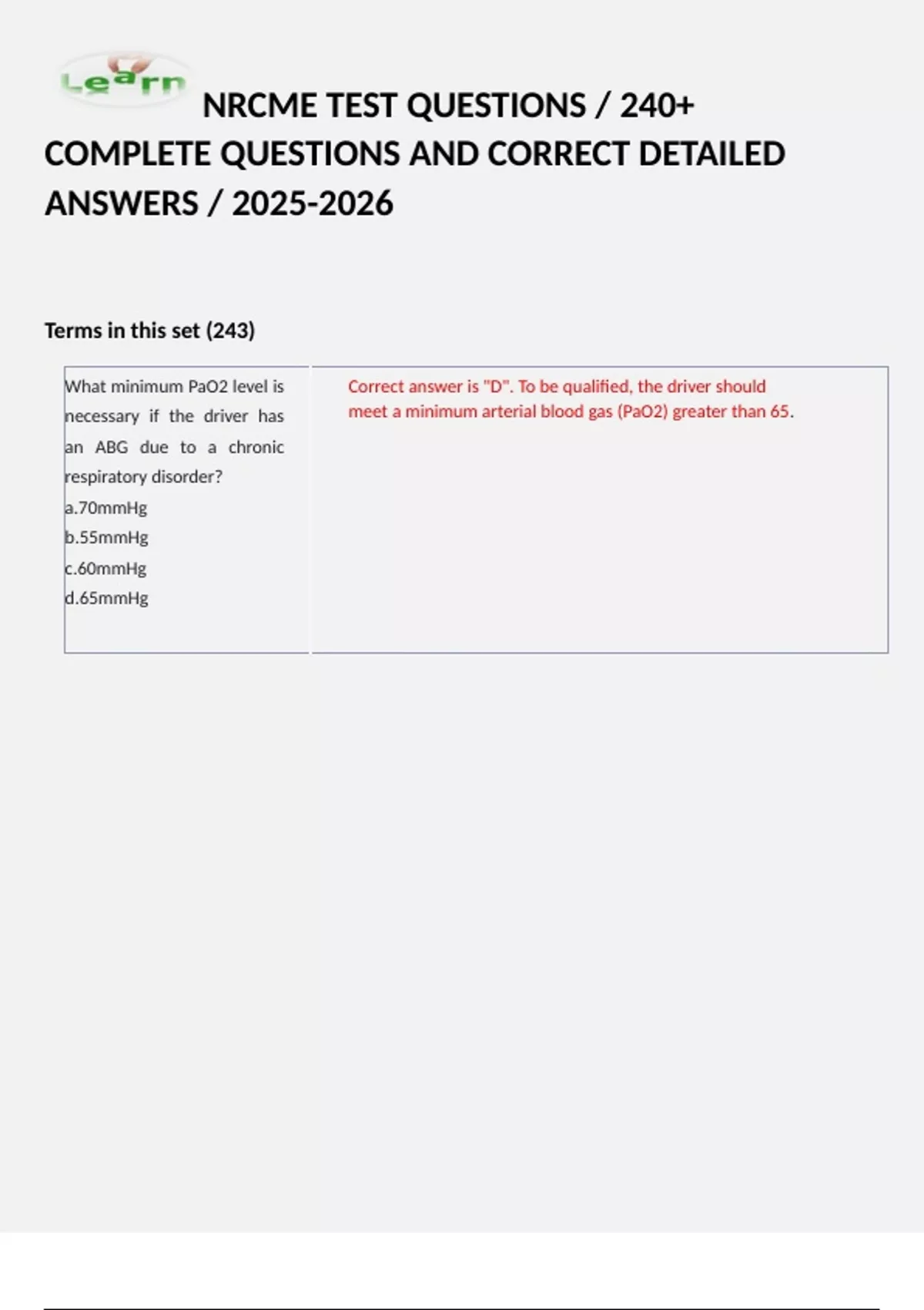NRCME TEST QUESTIONS / 240+ COMPLETE QUESTIONS AND CORRECT DETAILED ...