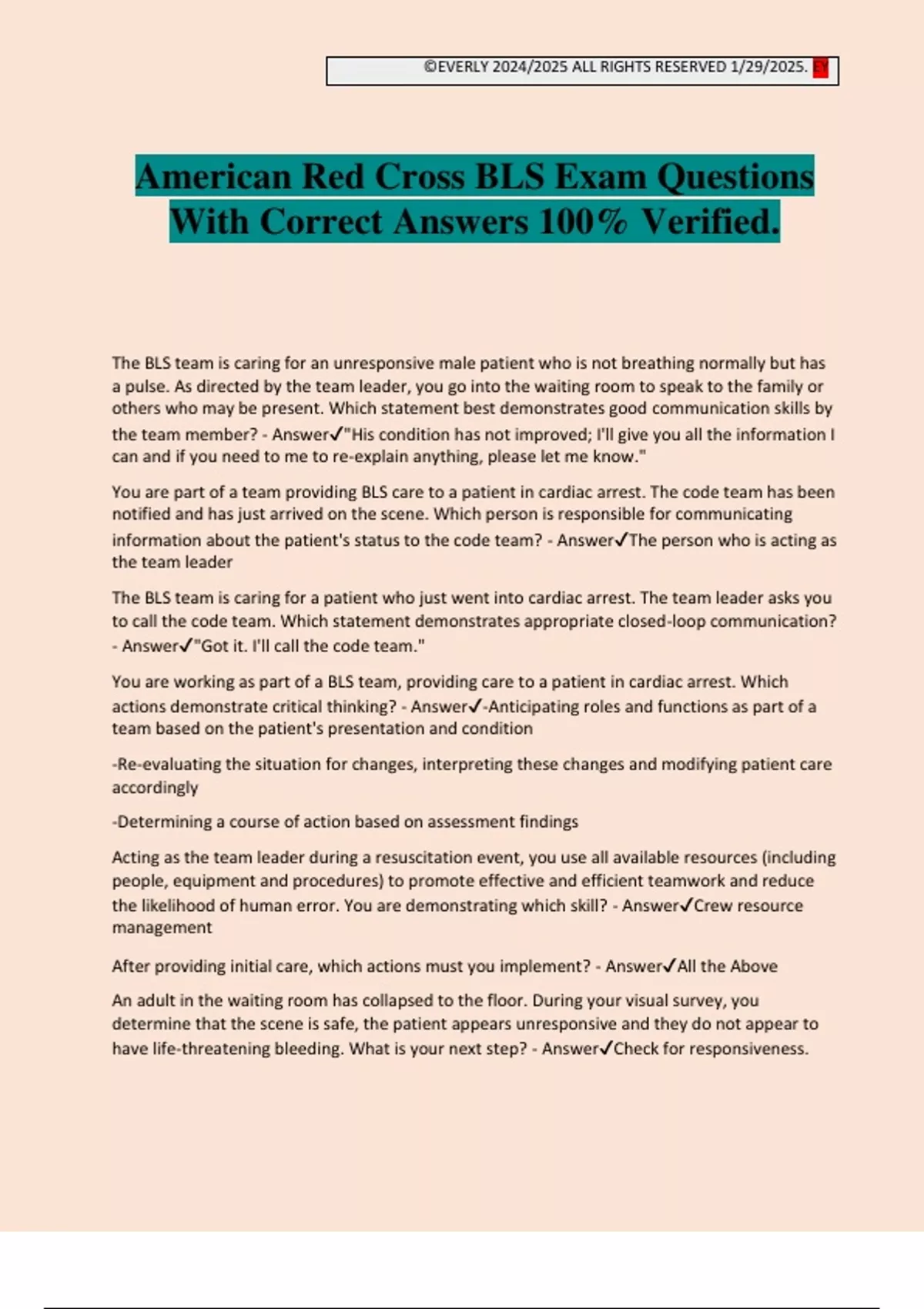 American Red Cross BLS Exam Questions With Correct Answers 100% ...