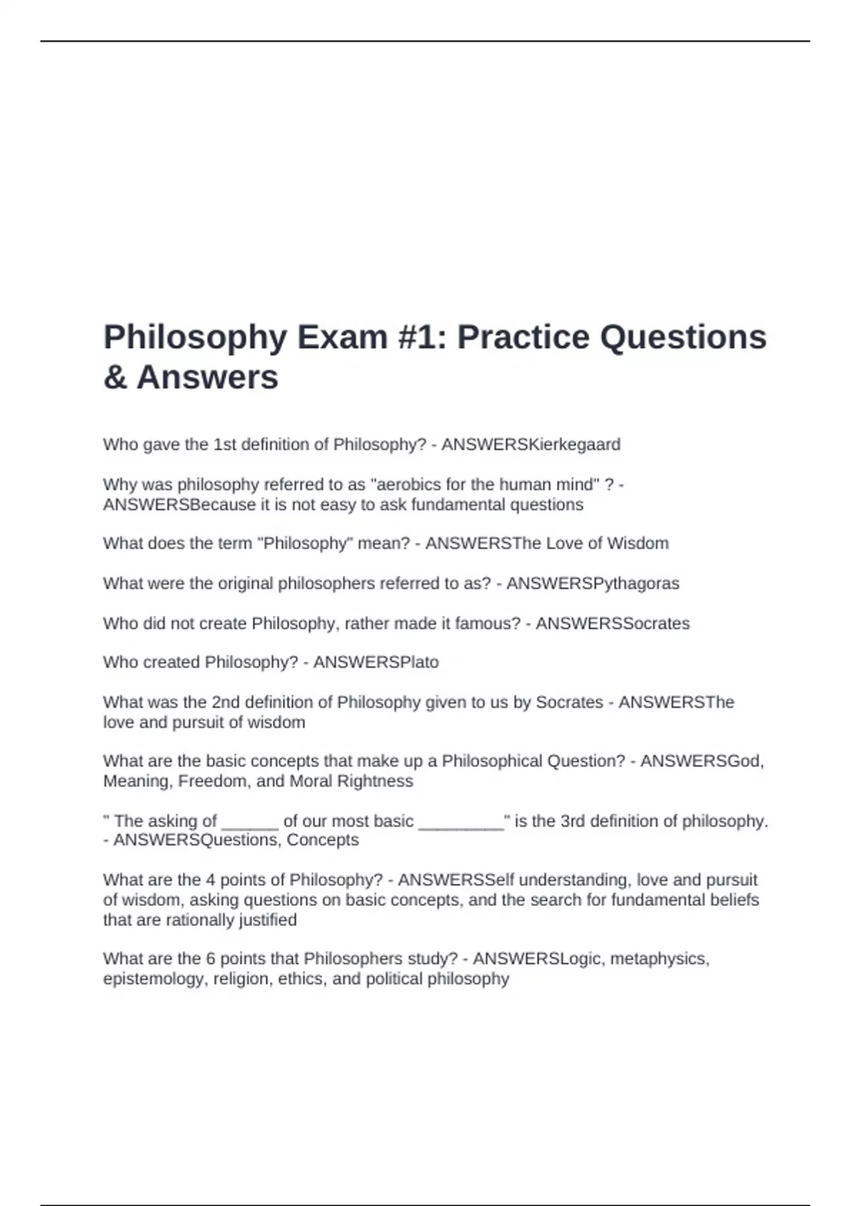 Philosophy Exam #1: Practice Questions & Answers - Philosophy - Stuvia US