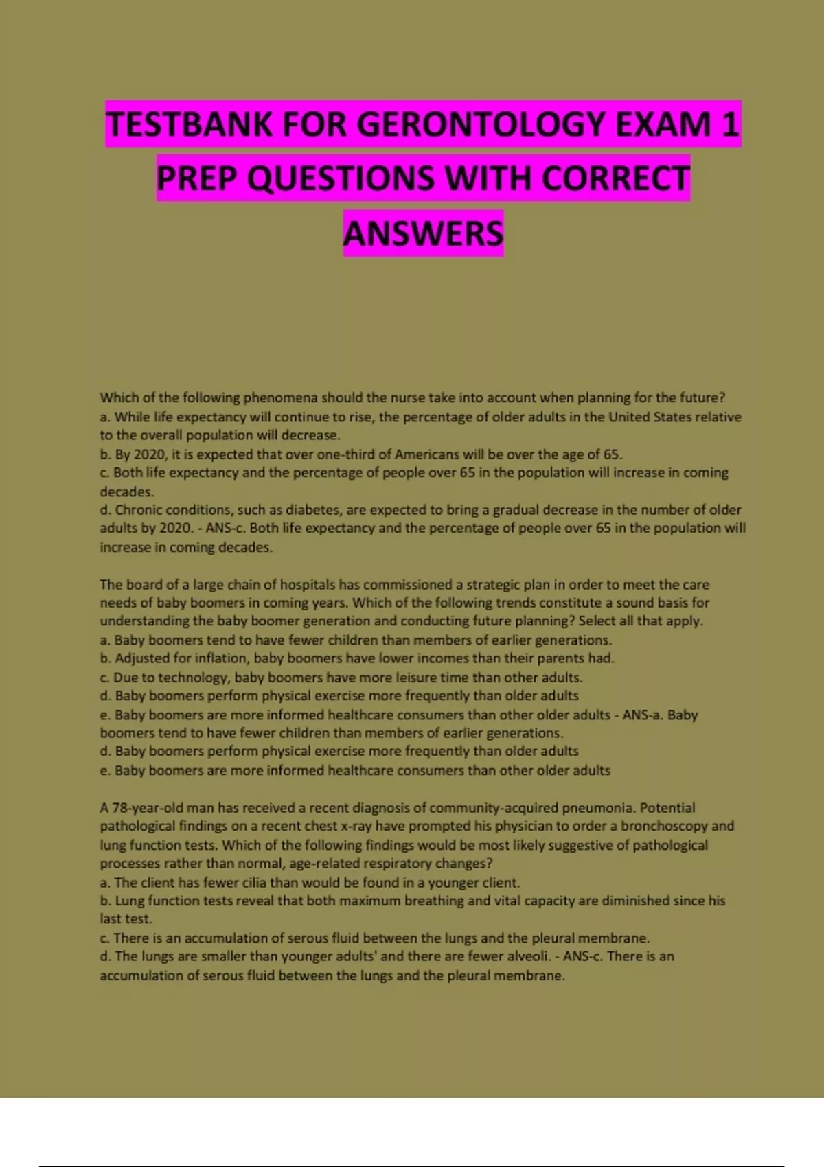 TESTBANK FOR GERONTOLOGY EXAM 1 PREP QUESTIONS WITH CORRECT ANSWERS ...