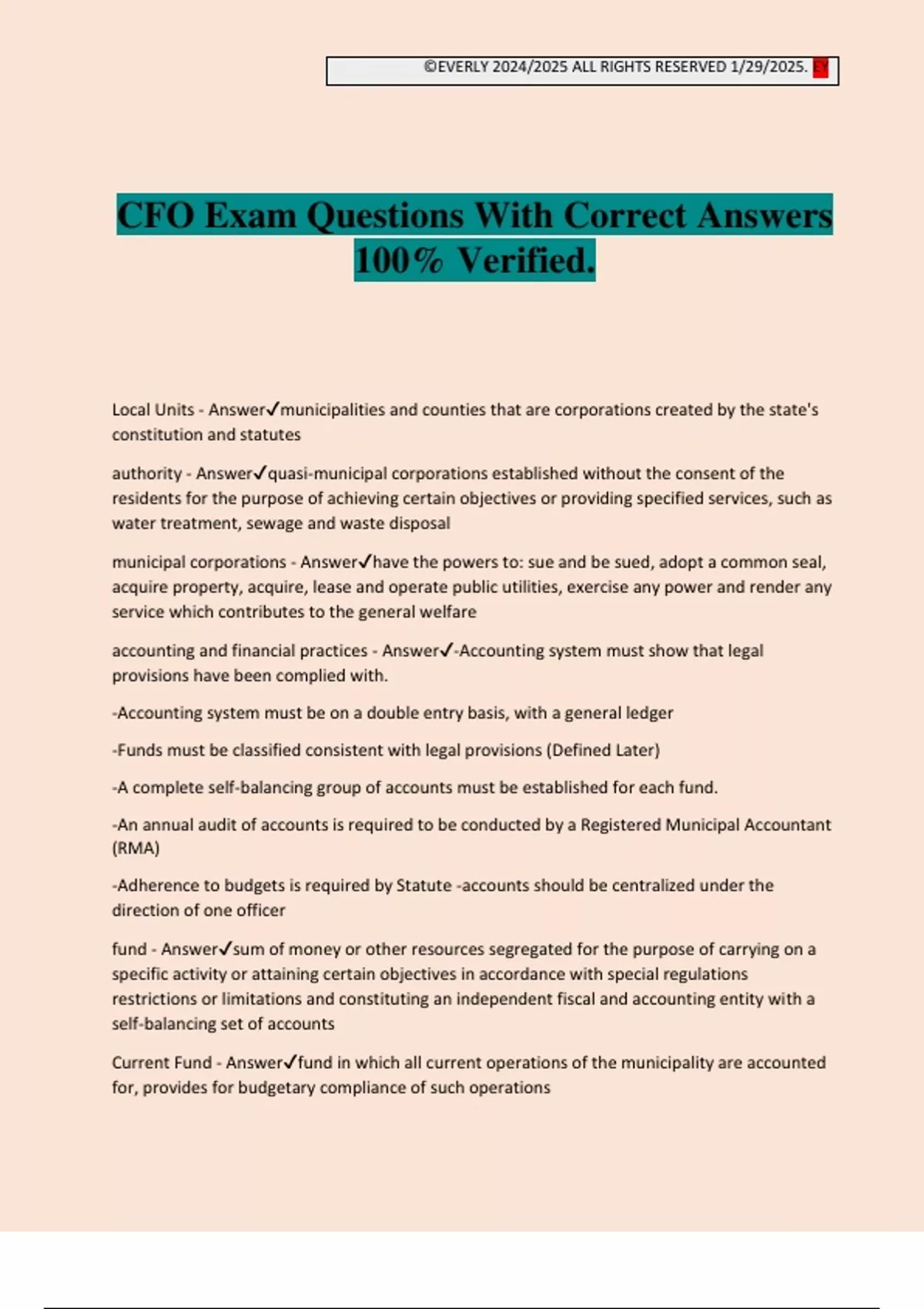 CFO Exam Questions With Correct Answers 100% Verified - CFO - Stuvia UK