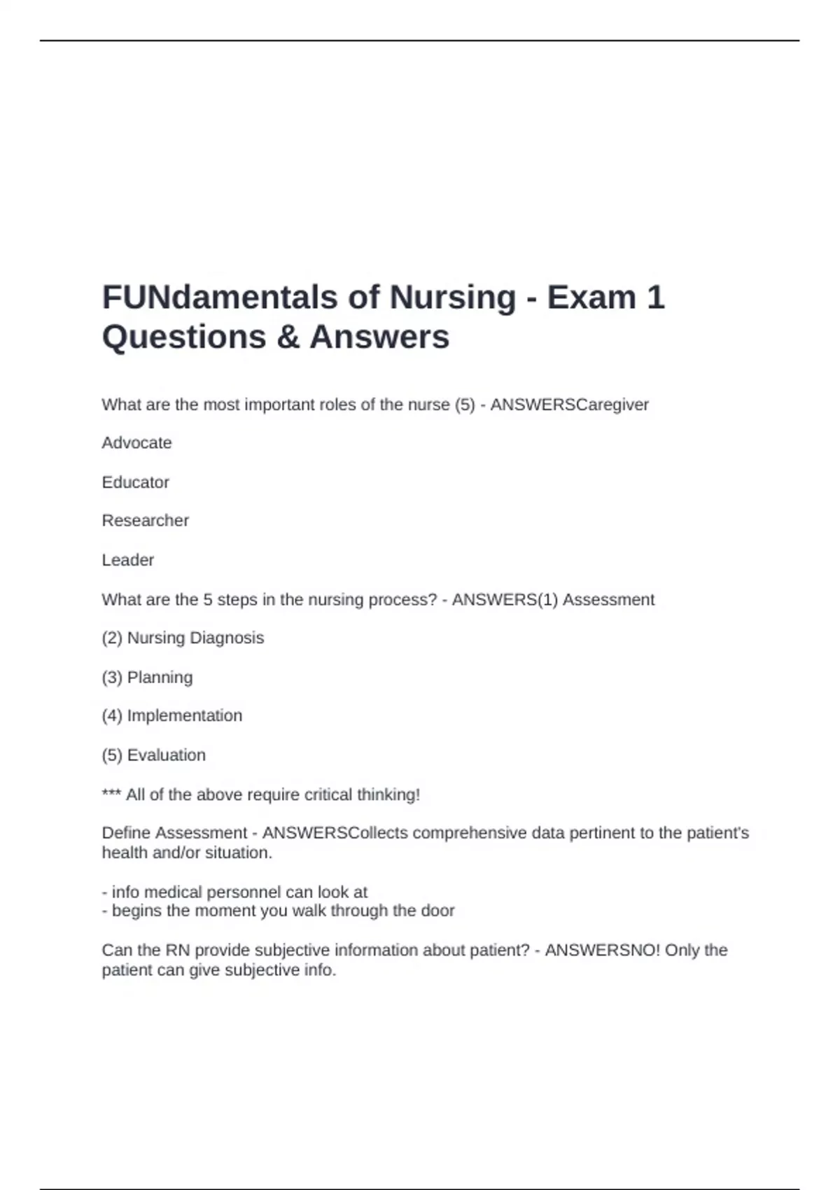 FUNdamentals of Nursing - Exam 1 Questions & Answers - FUNdamentals of ...