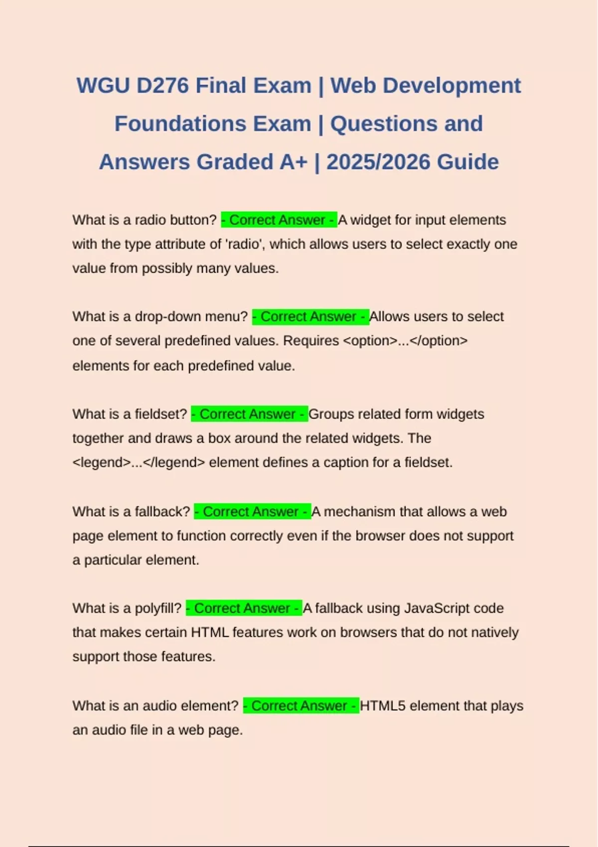 BUNDLE FOR WGU D276 WEB DEVELOPMENT FOUNDATIONS EXAM | QUESTIONS AND CORRECT ANSWERS | BEST ...