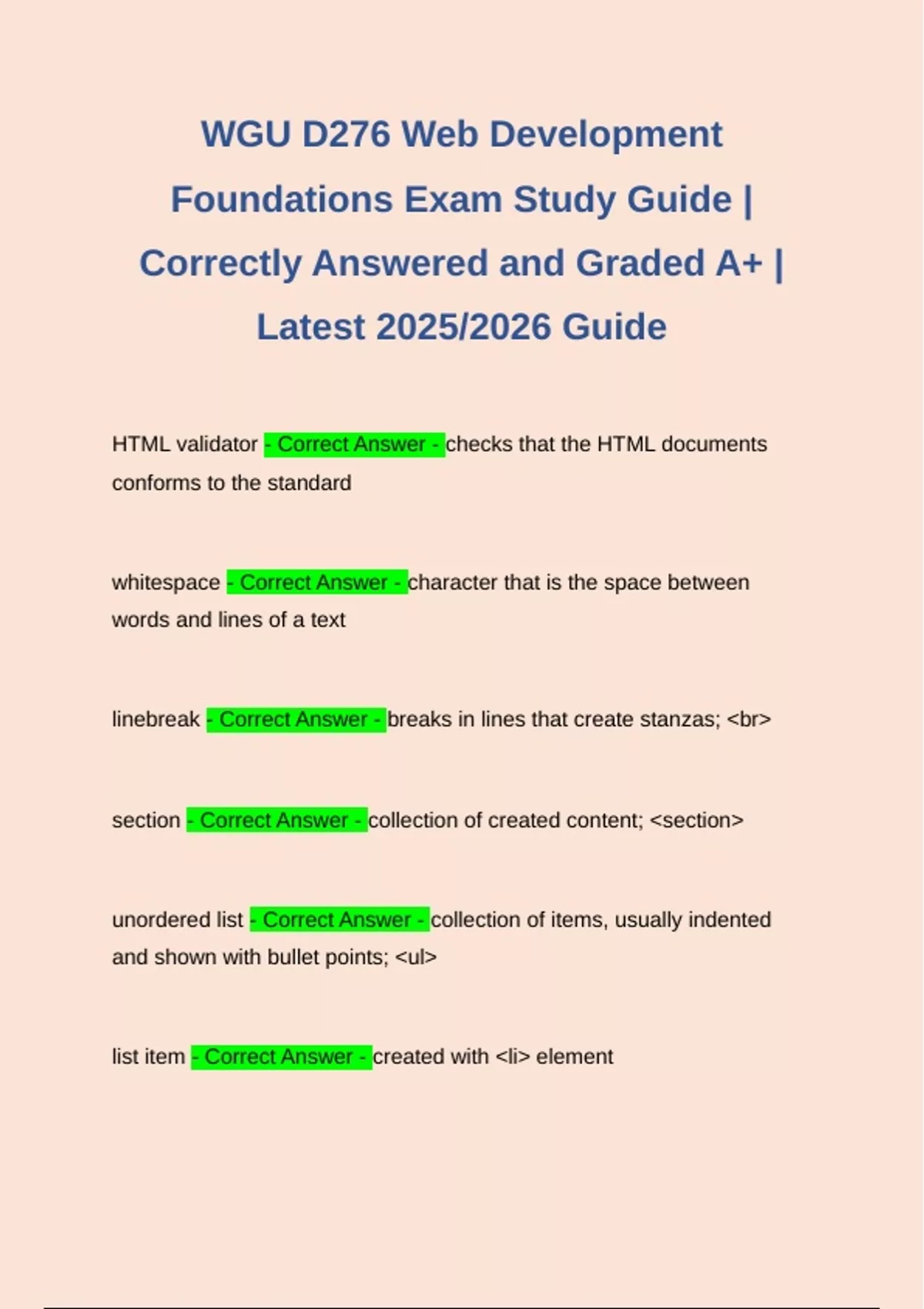 WGU D276 Web Development Foundations Exam Study Guide | Correctly Answered and Graded A+ ...