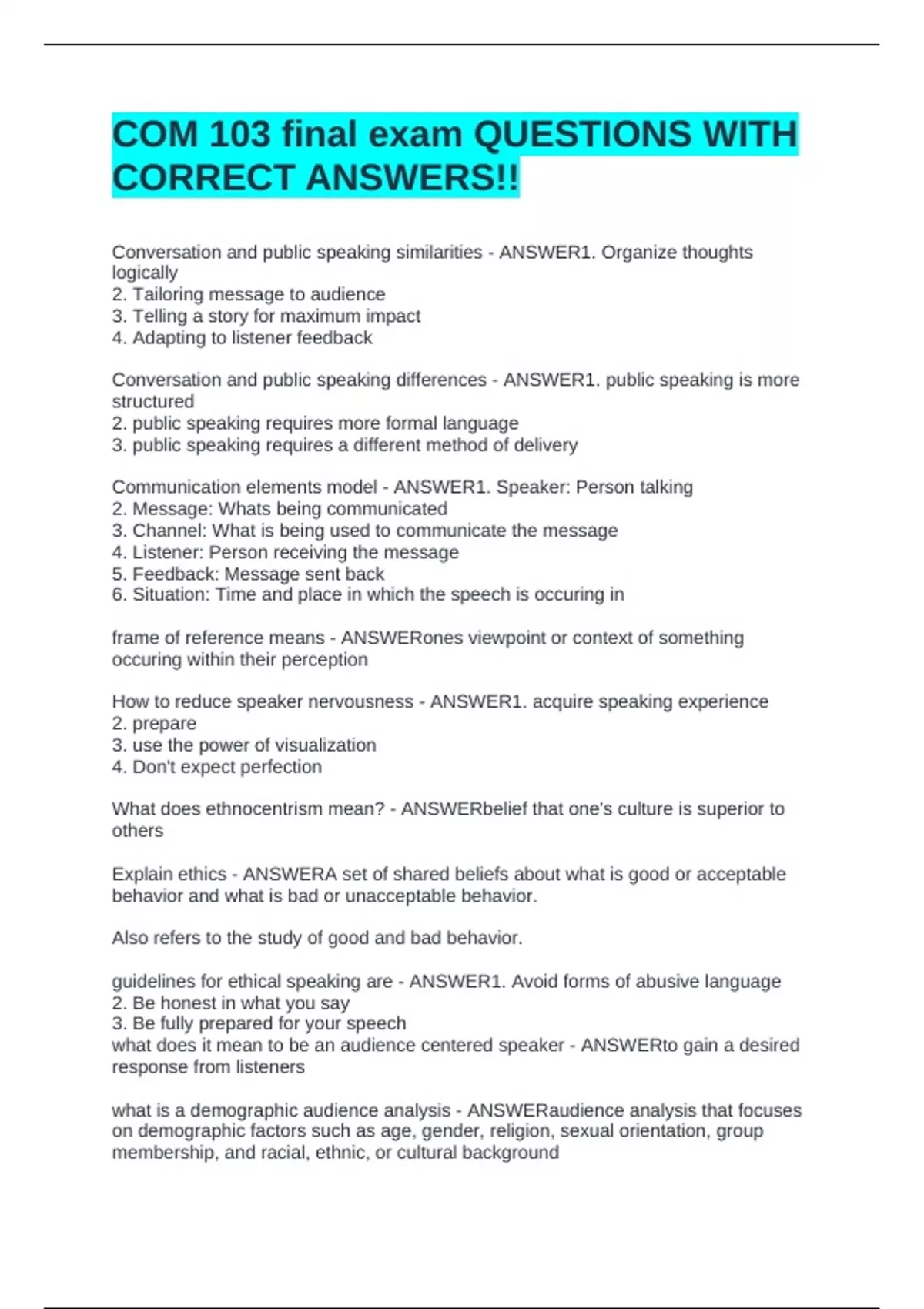 COM 103 final exam QUESTIONS WITH CORRECT ANSWERS!! - COM 103 - Stuvia US