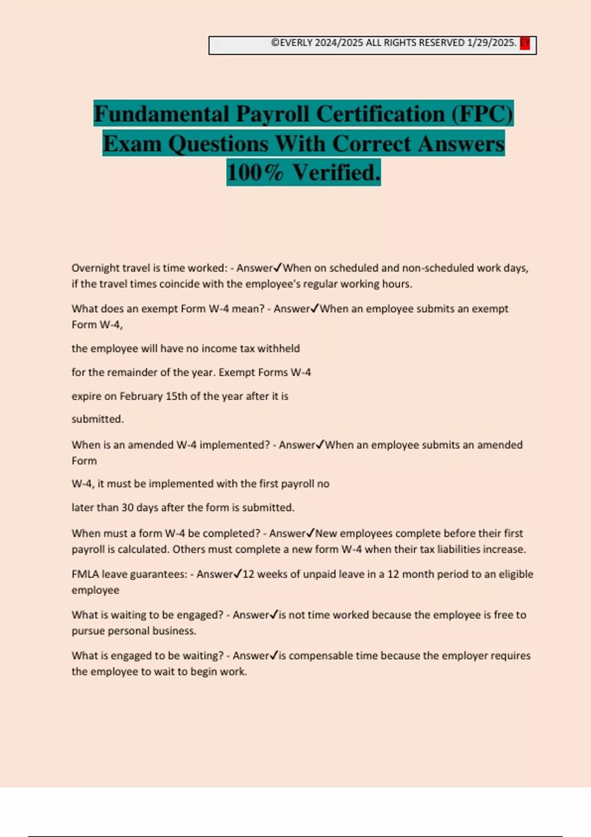 Fundamental Payroll Certification Fpc Exam Questions With Correct Answers 100 Verified Fpc