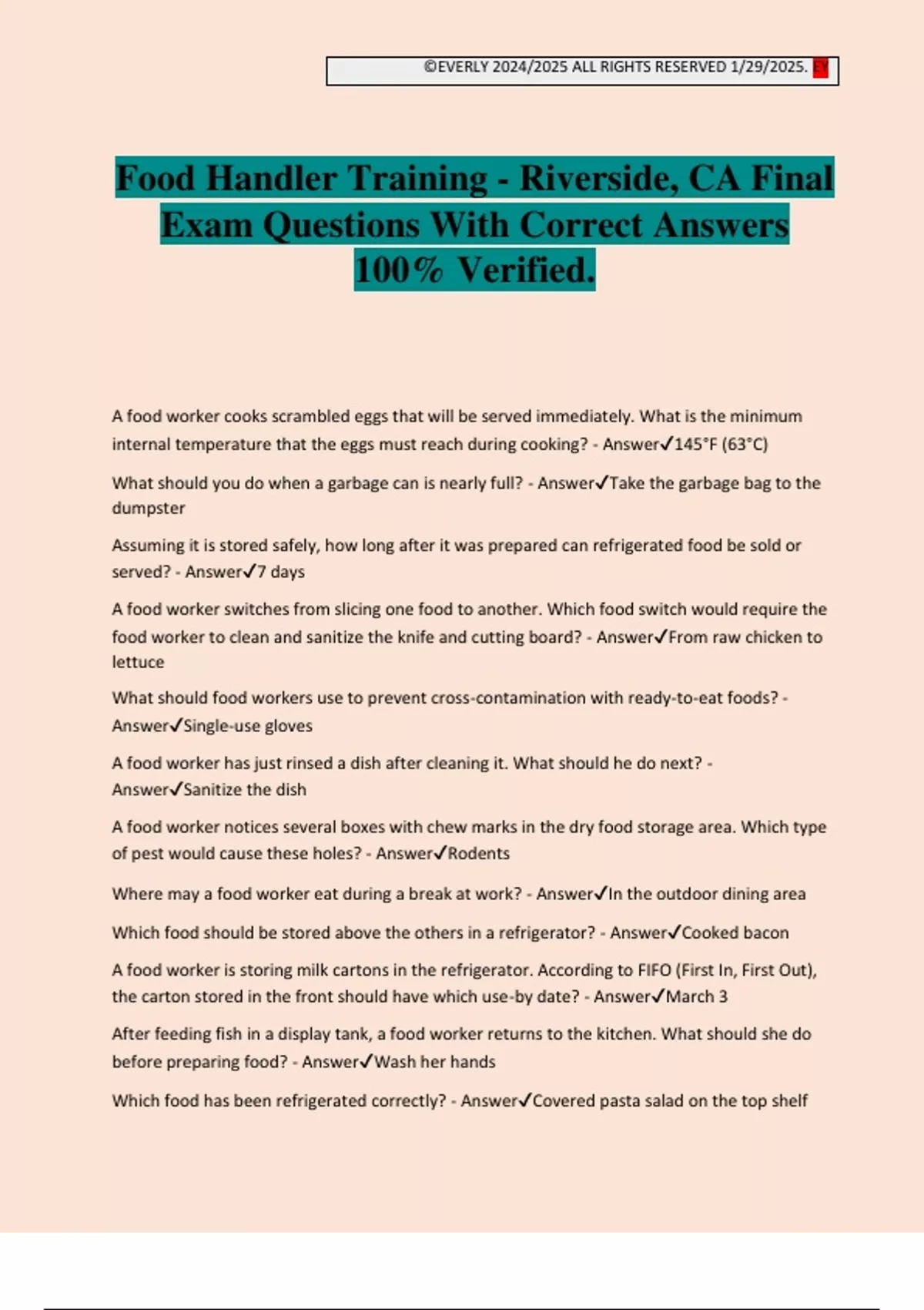 Food Handler Training - Riverside, CA Final Exam Questions With Correct ...