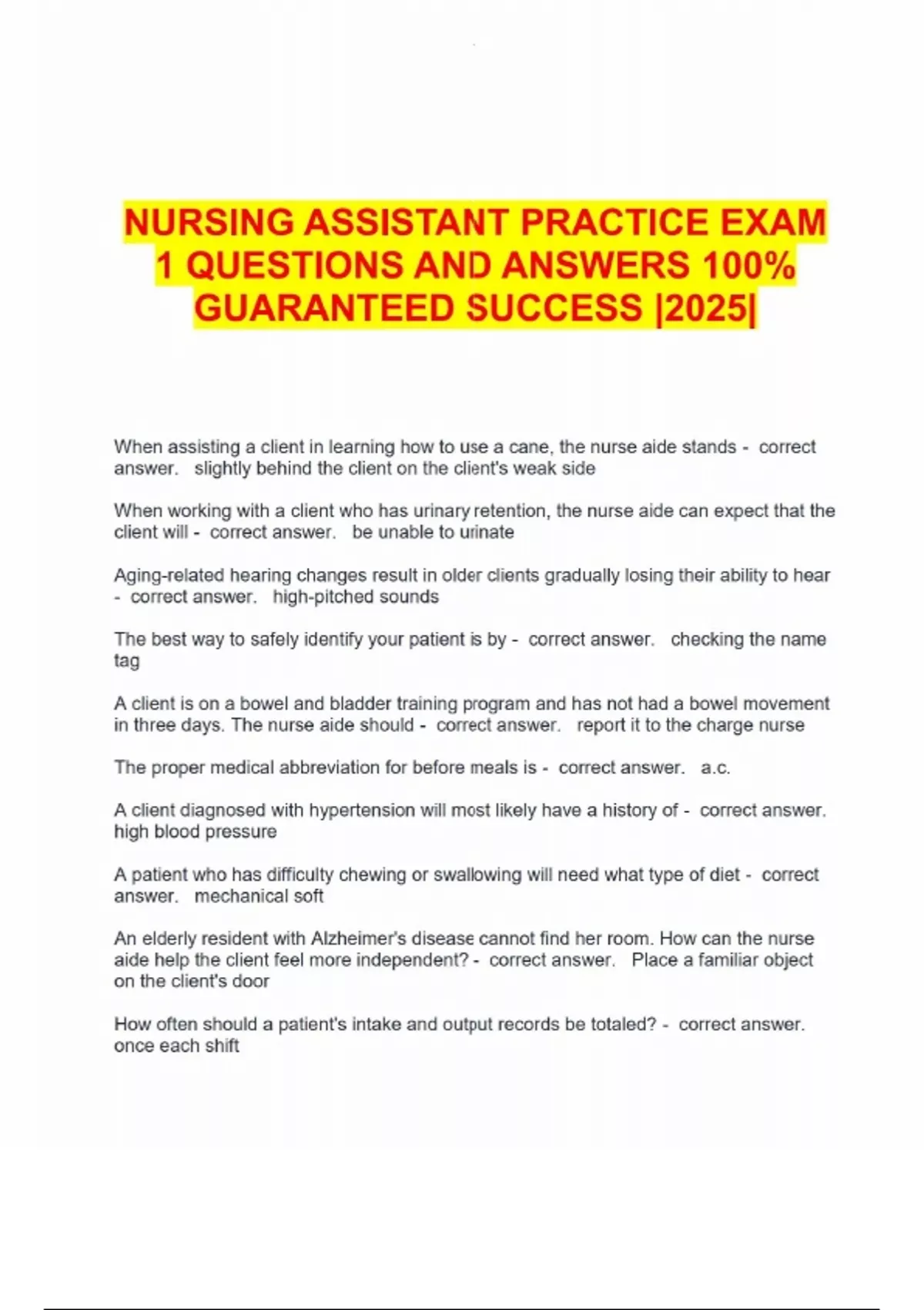 NURSING ASSISTANT PRACTICE EXAM 1 QUESTIONS AND ANSWERS 100% GUARANTEED ...