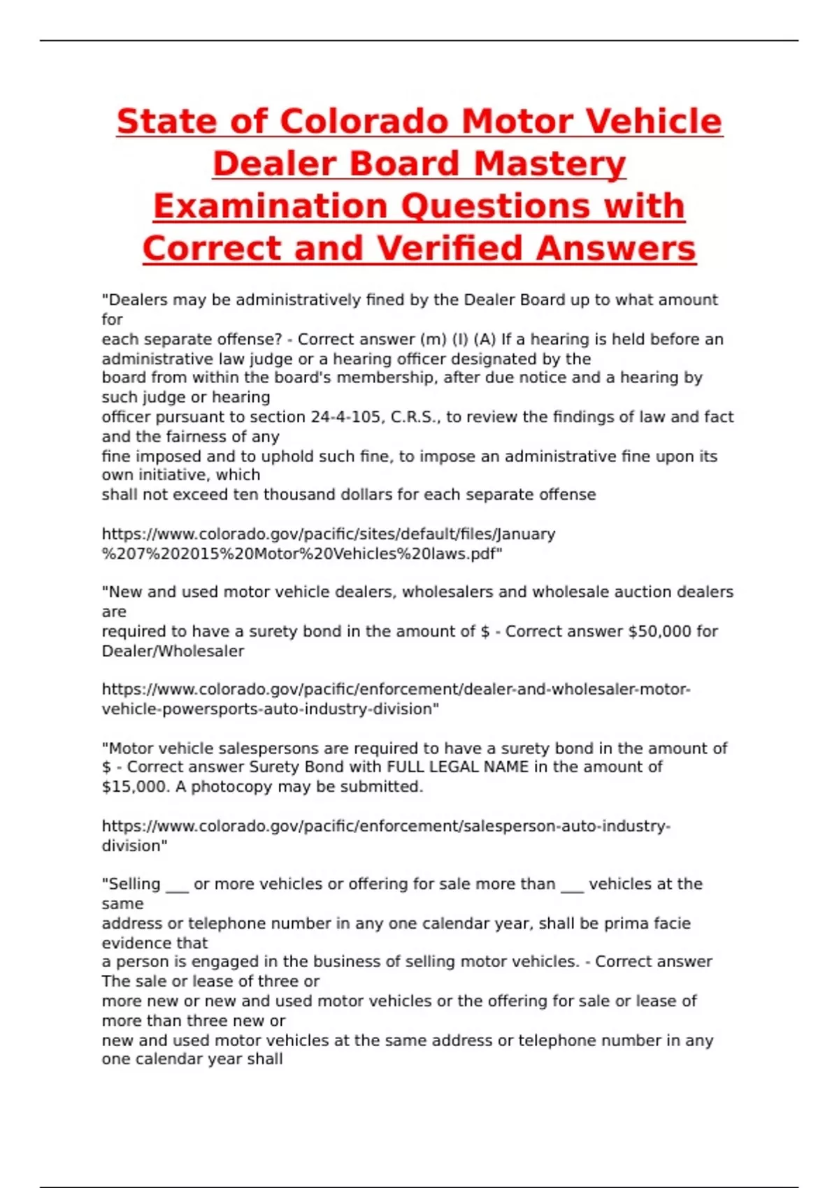 State of Colorado Motor Vehicle Dealer Board Mastery Examination ...