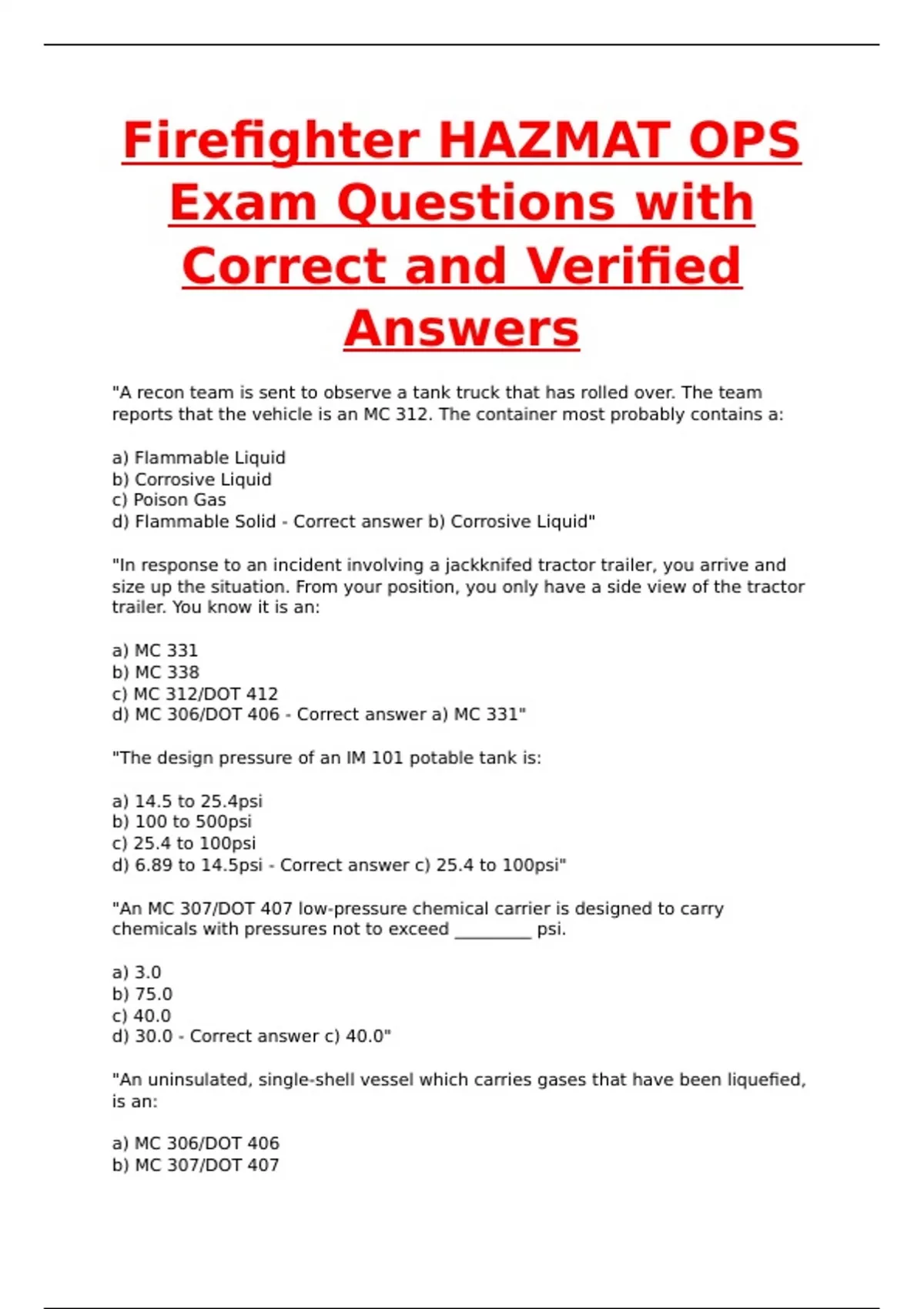 Firefighter HAZMAT OPS Exam Questions with Correct and Verified Answers ...