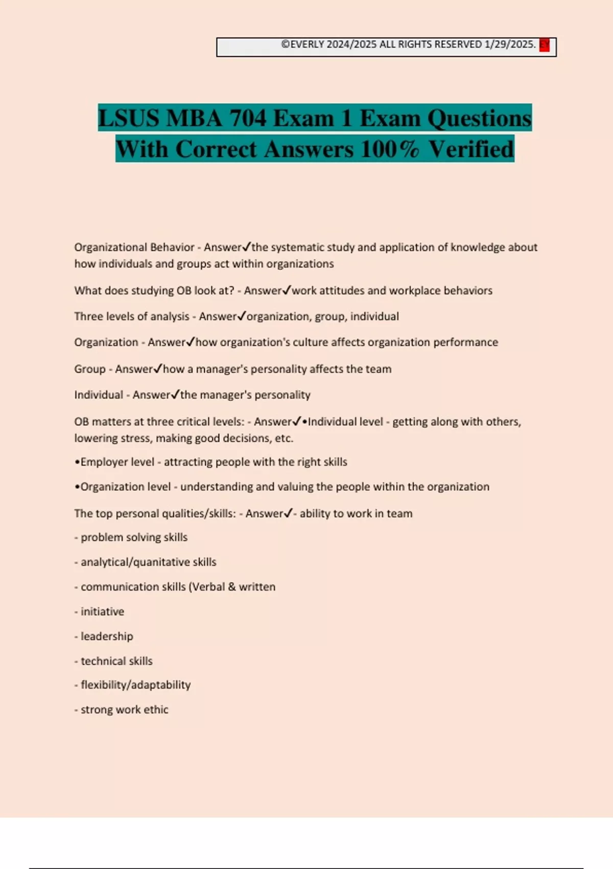 LSUS MBA 704 Exam 1 Exam Questions With Correct Answers 100% Verified ...