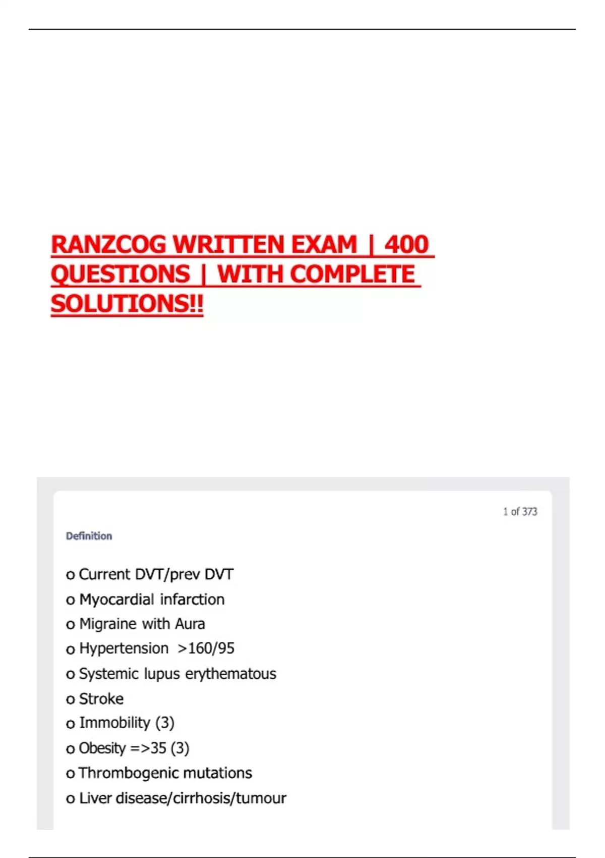 RANZCOG WRITTEN EXAM | 400 QUESTIONS | WITH COMPLETE SOLUTIONS ...