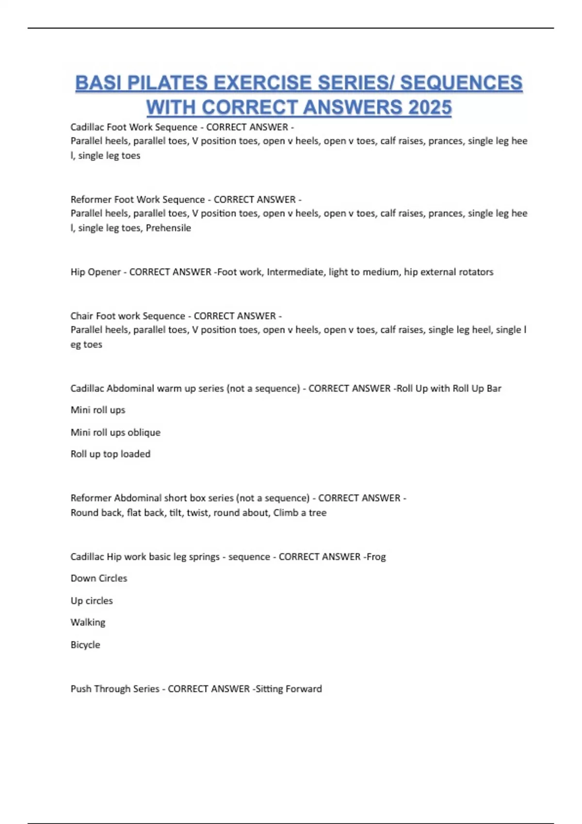 BASI PILATES EXERCISE SERIES WITH CORRECT ANSWERS 2025 - BASI Pilates ...