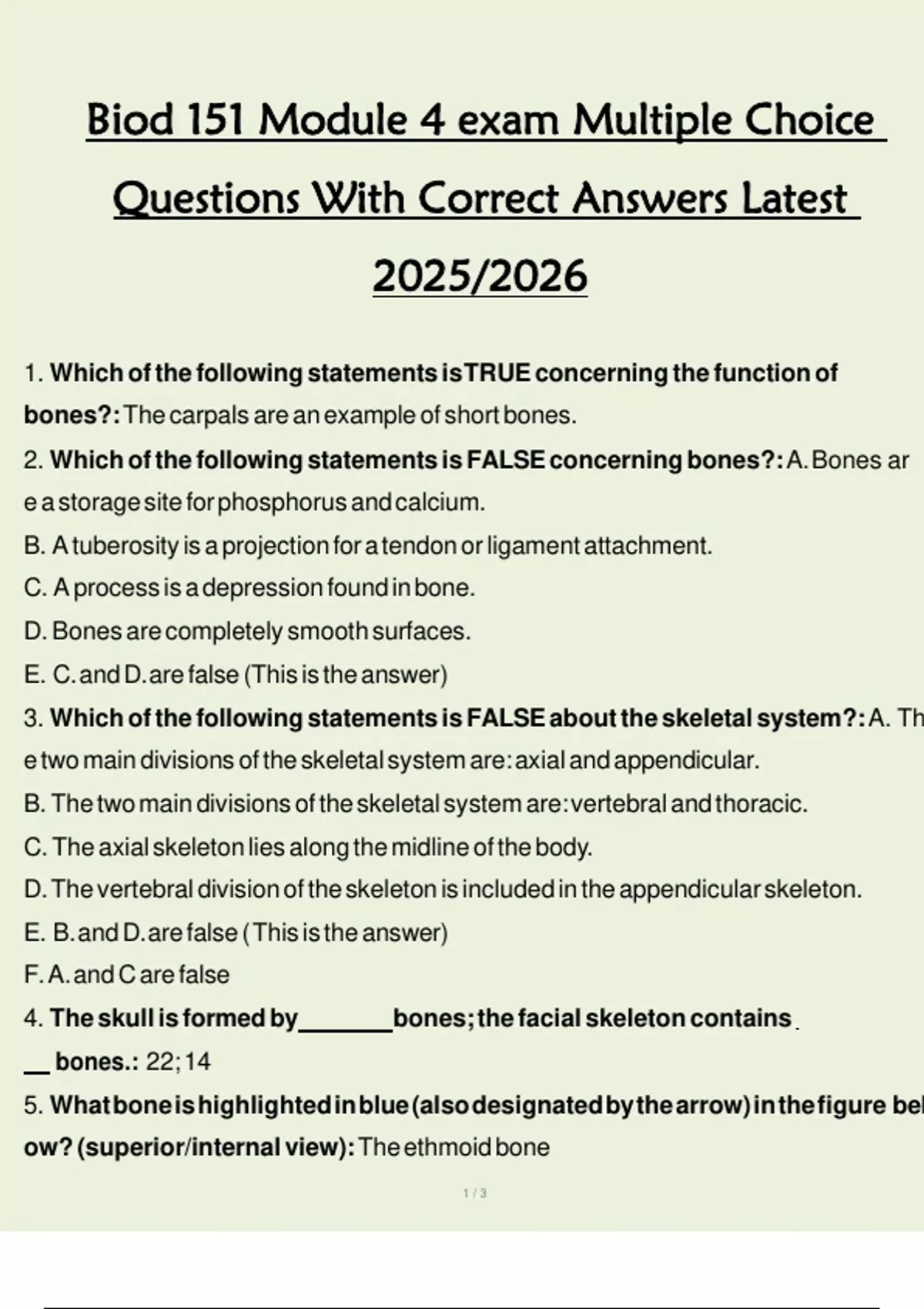 Biod 151 Module 4 exam Multiple Choice Questions With Correct Answers ...