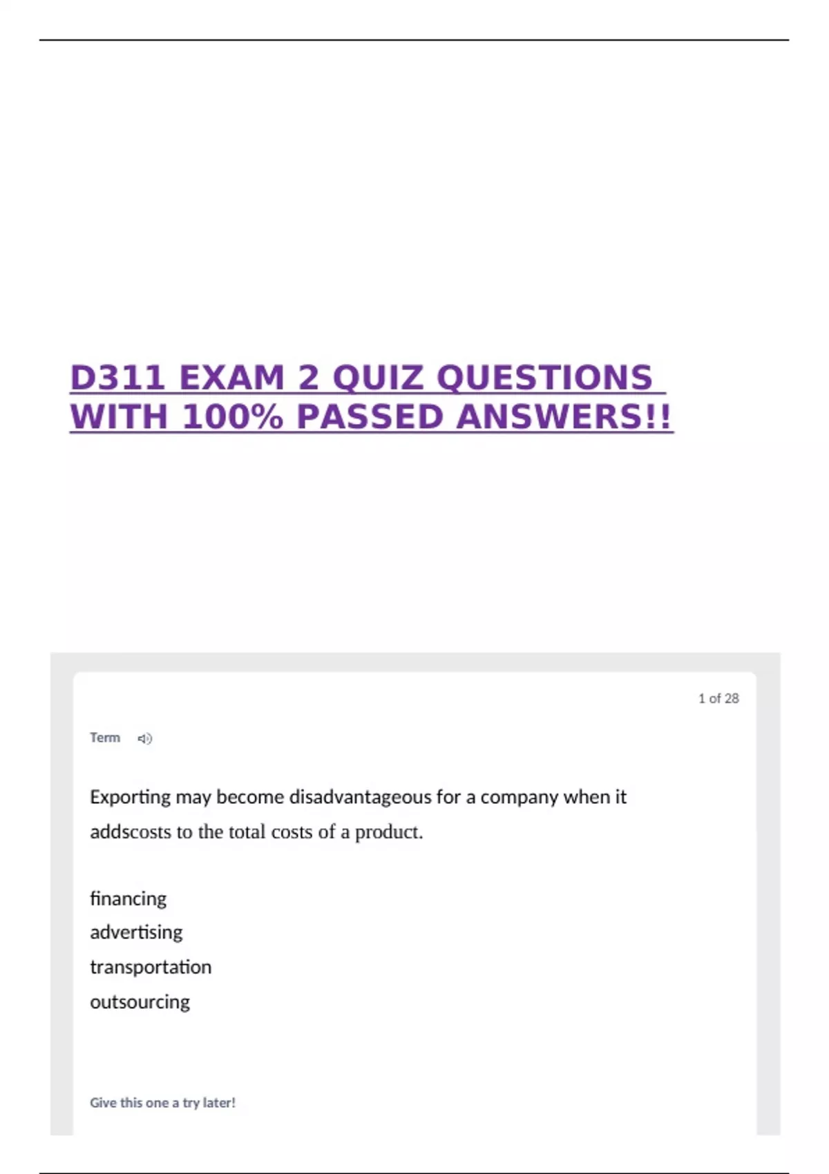 D311 EXAM 2 QUIZ QUESTIONS WITH 100% PASSED ANSWERS!! - WGU D311 - Stuvia US