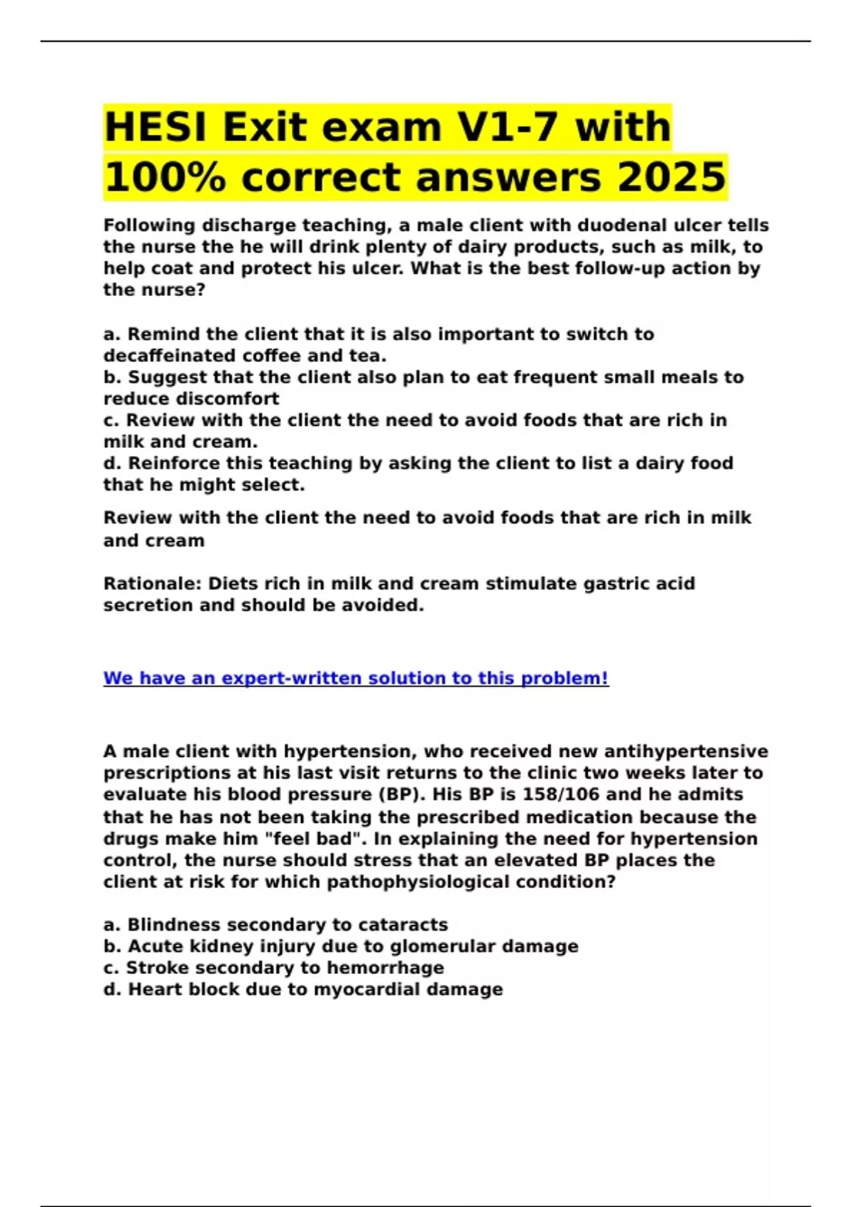 HESI Exit exam V1-7 with 100- correct answers 2025 - HESI RN EXIT ...