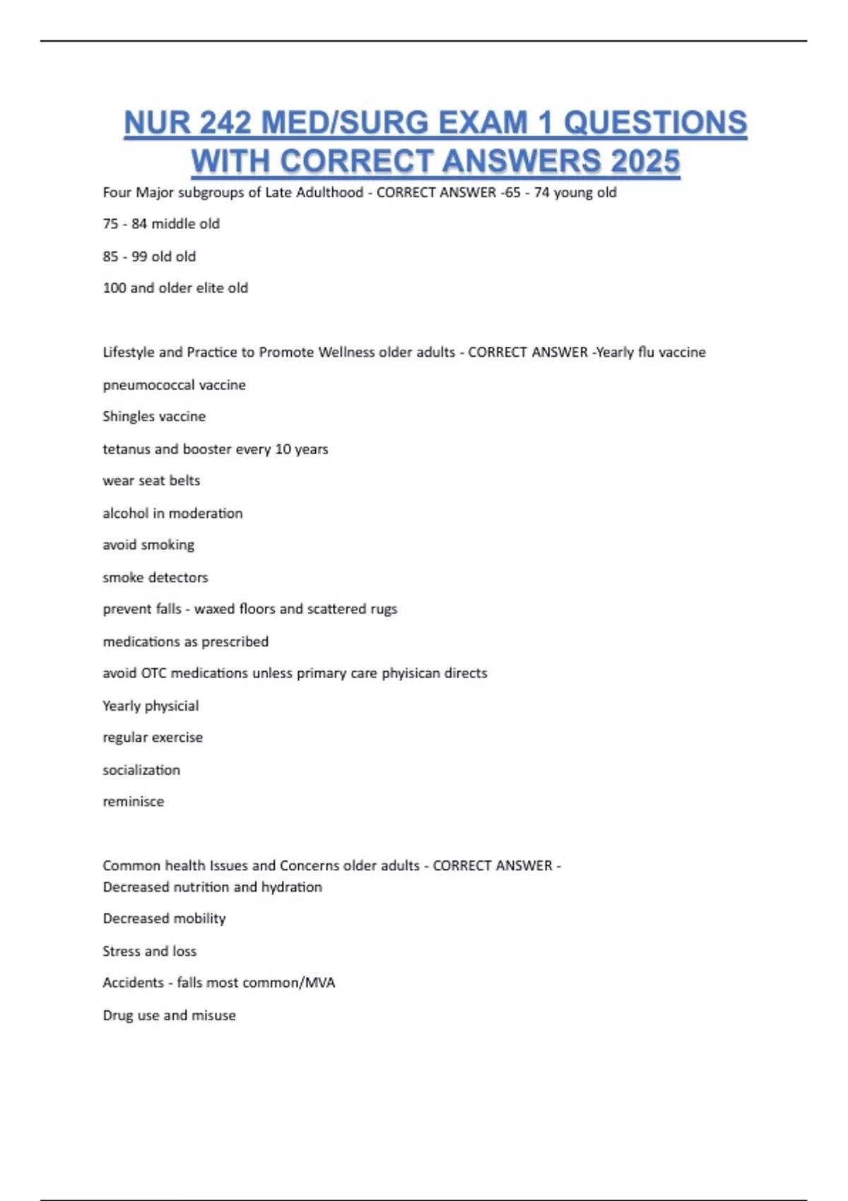 NUR 242 MEDSURG EXAM 1 QUESTIONS WITH CORRECT ANSWERS 2025 - NUR242 ...