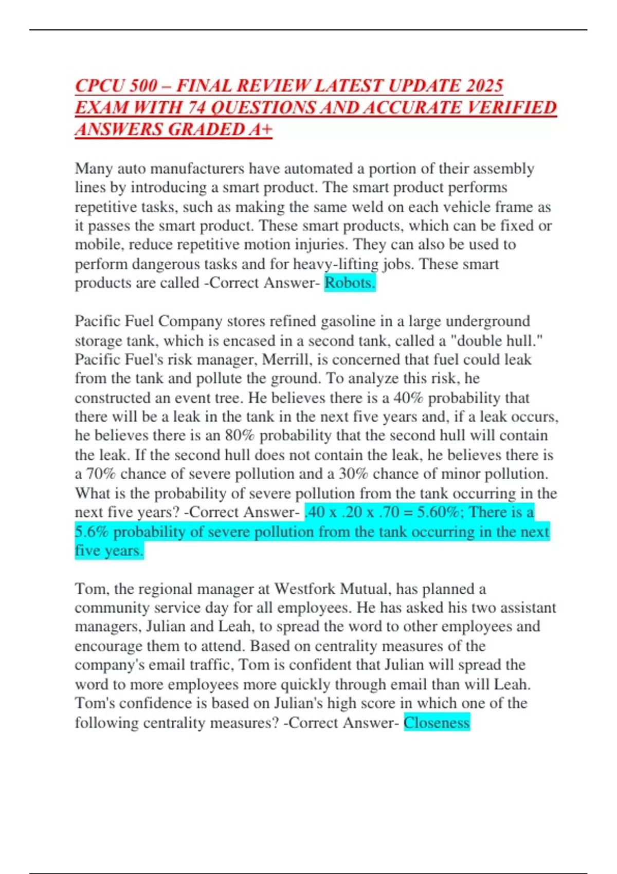 CPCU 500 – FINAL REVIEW LATEST UPDATE 2025 EXAM WITH 74 QUESTIONS AND ...