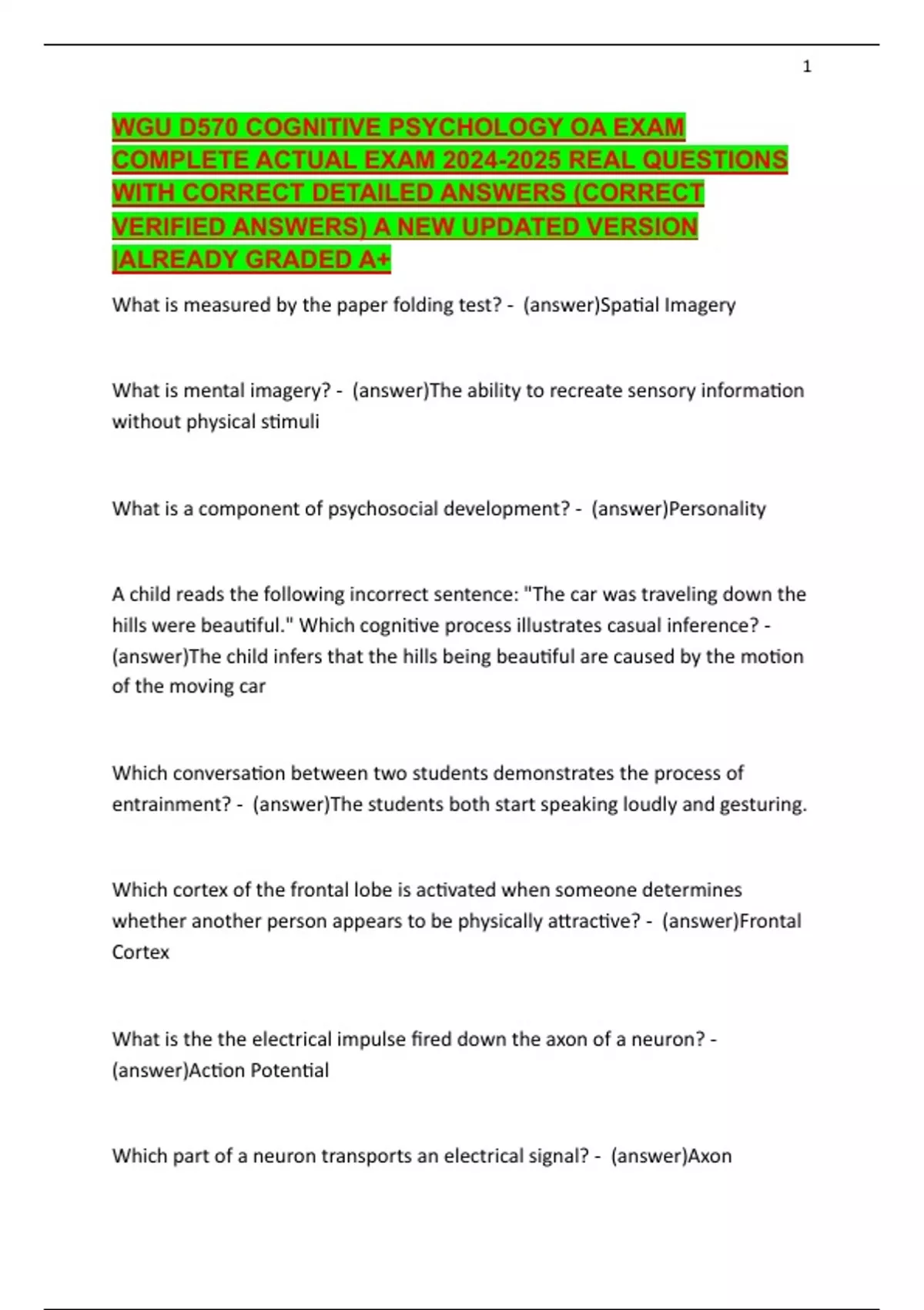 WGU D570 COGNITIVE PSYCHOLOGY OA EXAM COMPLETE ACTUAL EXAM REAL ...