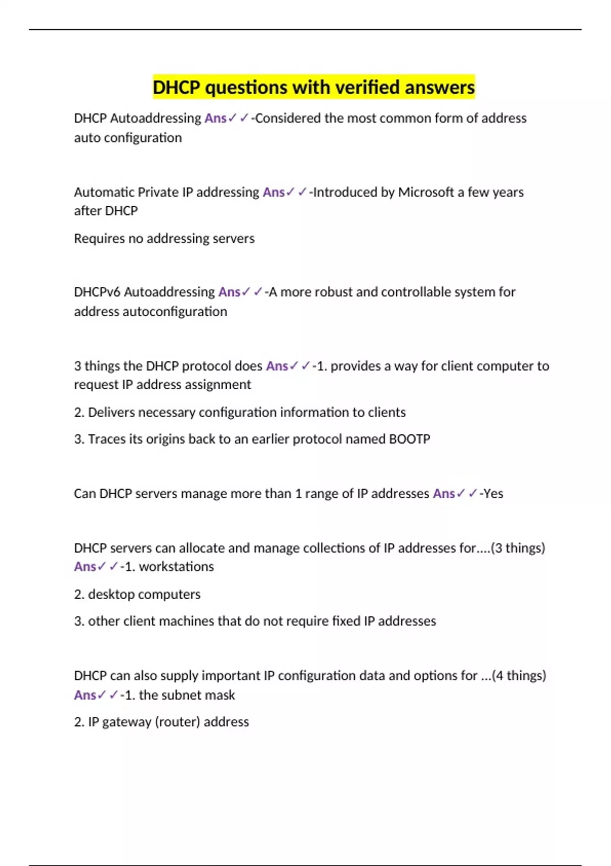 DHCP questions with verified answer3. - Dhcp - Stuvia UK