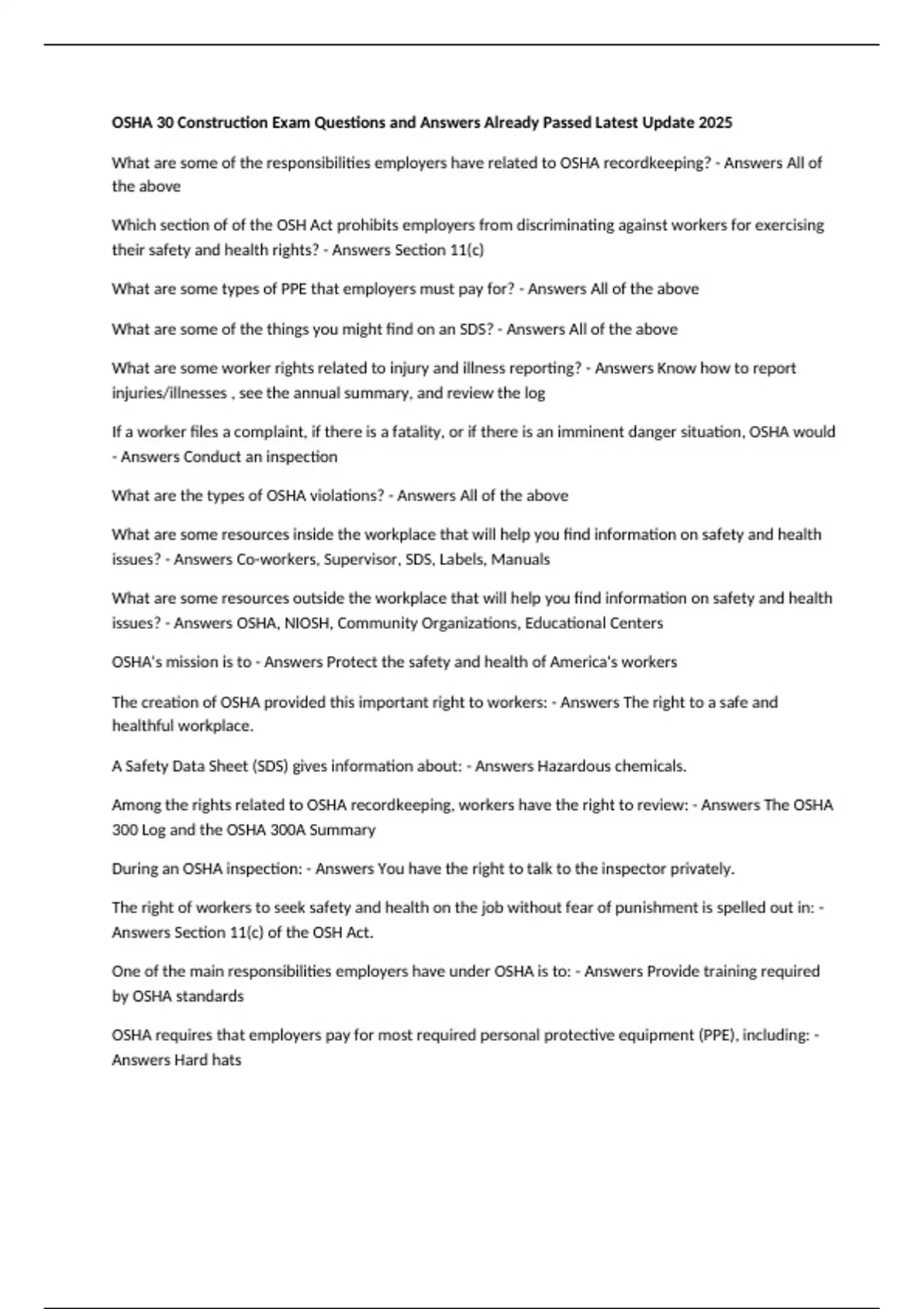 OSHA 30 Construction Exam Questions and Answers Already Passed Latest ...
