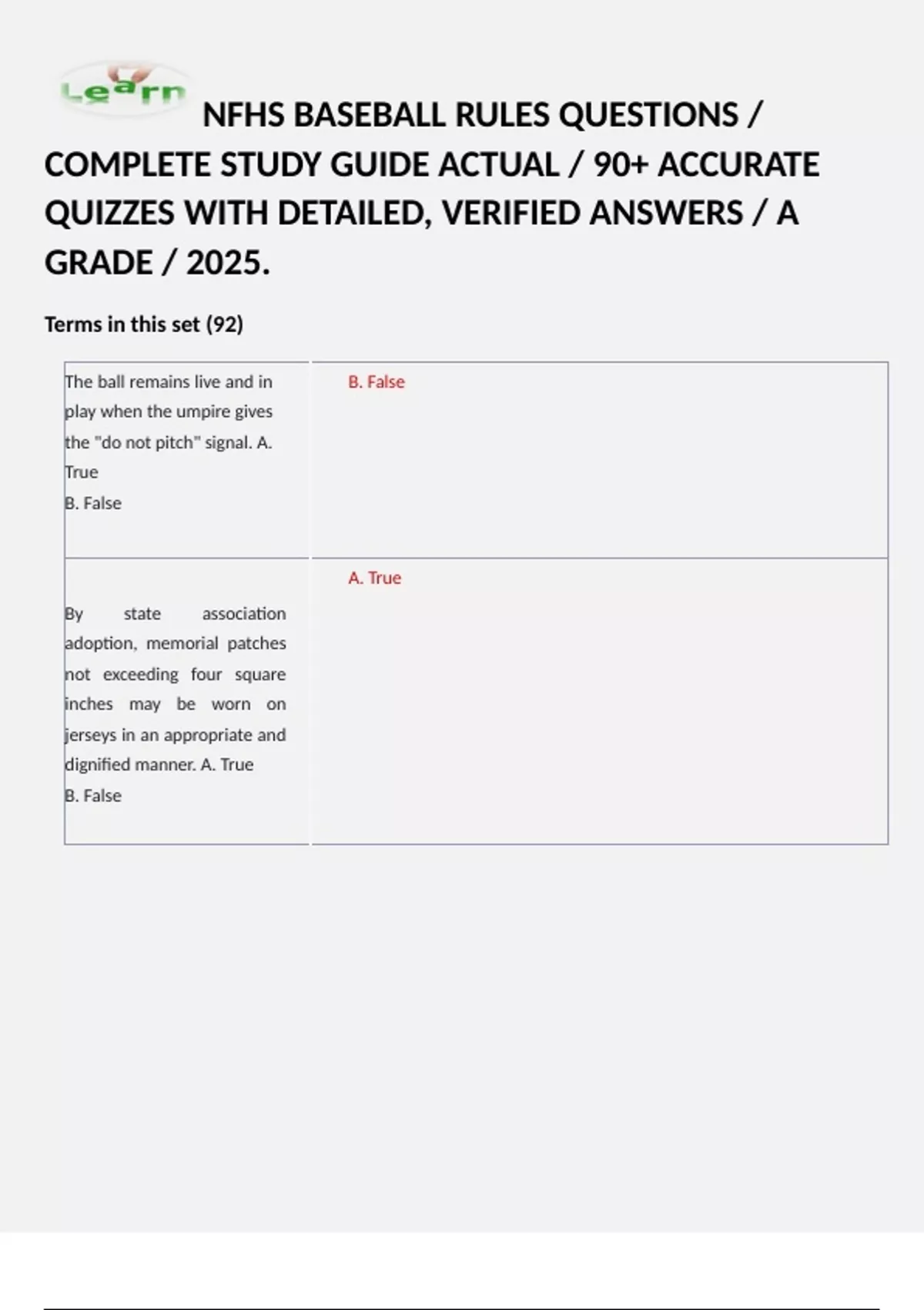 NFHS BASEBALL RULES QUESTIONS / COMPLETE STUDY GUIDE ACTUAL / 90+ ACCURATE QUIZZES WITH DETAILED ...