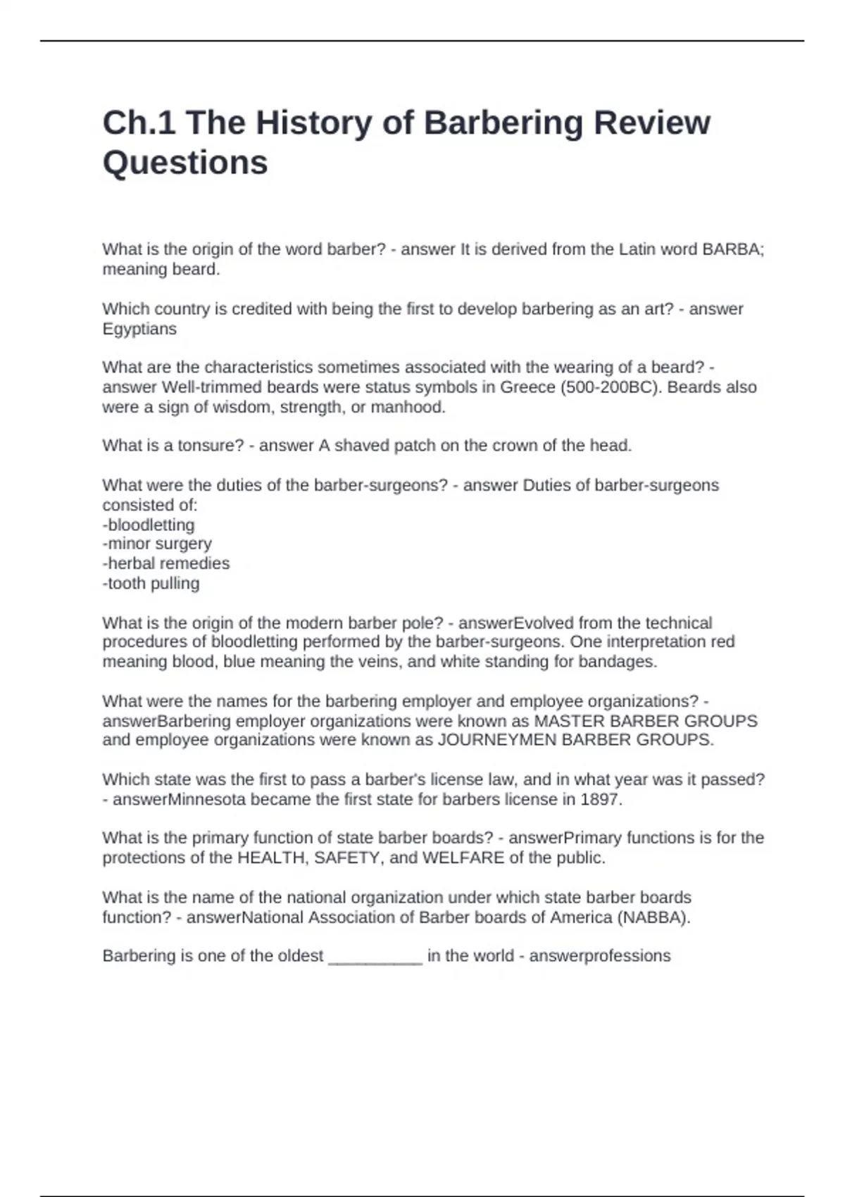 Ch.1 The History of Barbering Review Questions With Complete Solutions ...