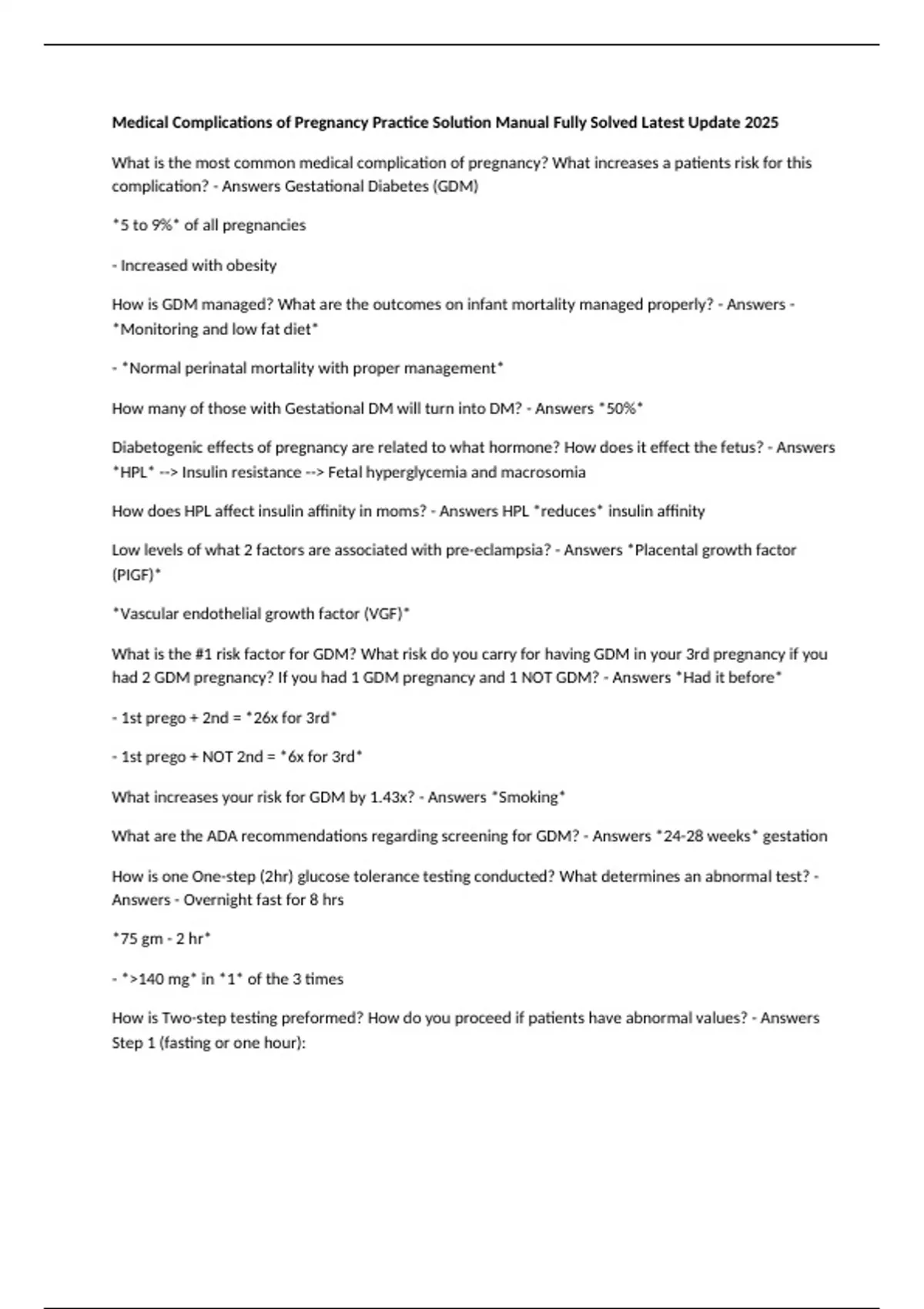 Medical Complications of Pregnancy Practice Solution Manual Fully ...