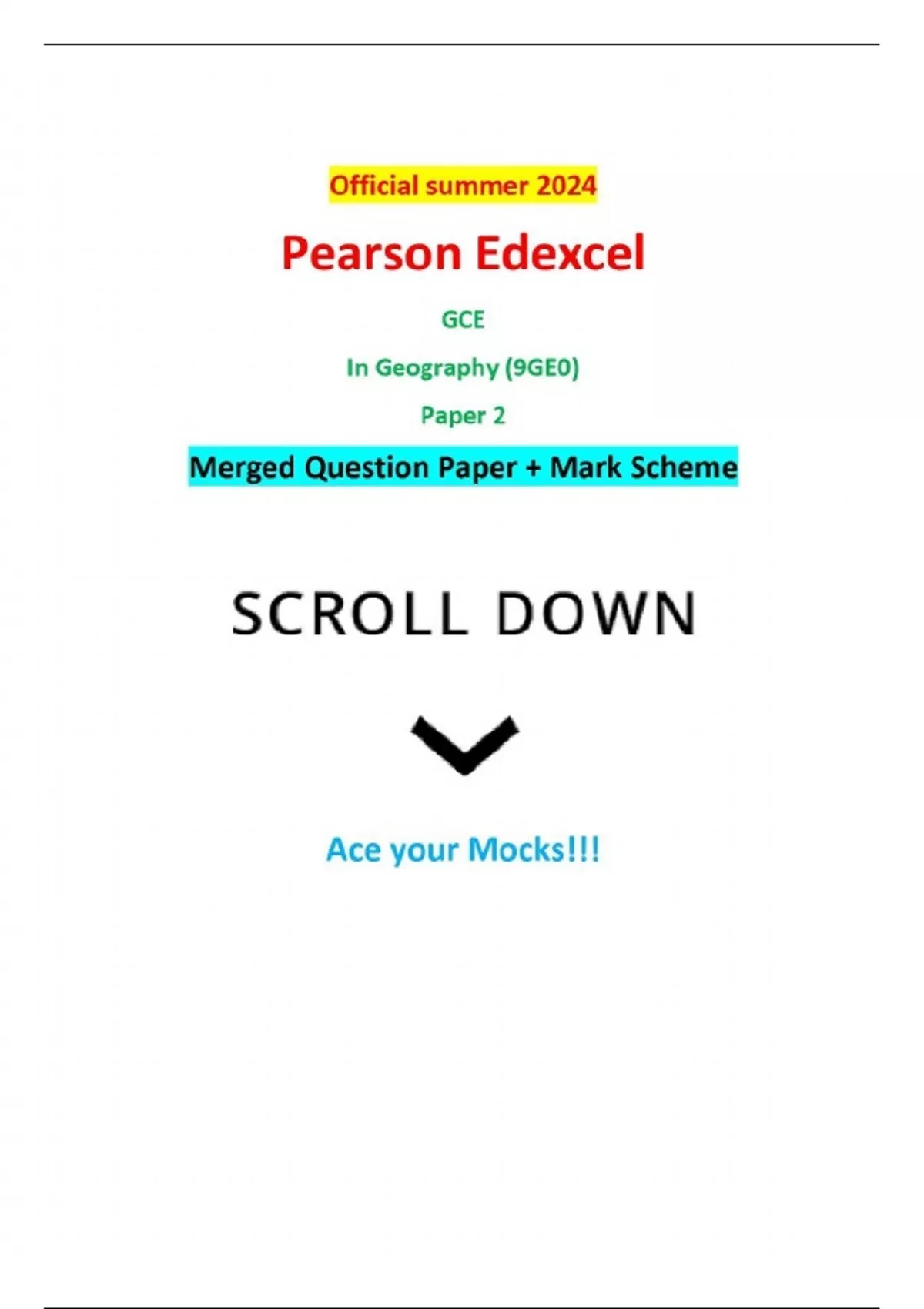 Official summer 2024 Pearson Edexcel GCE In Geography (9GE0) Paper 2 ...