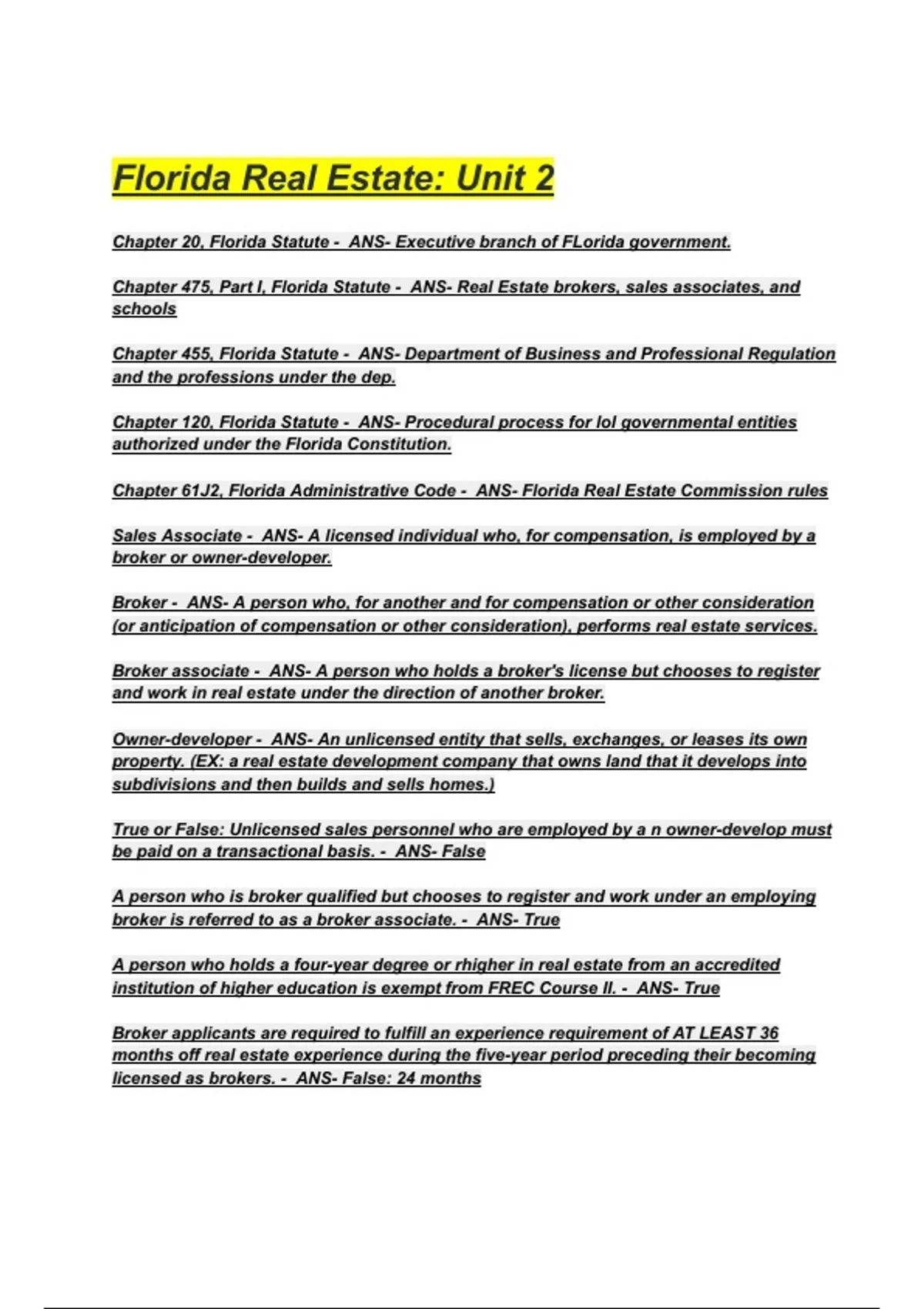 Florida Real Estate: Unit 2 Exam Questions and Answers 2025/2026( A+ ...