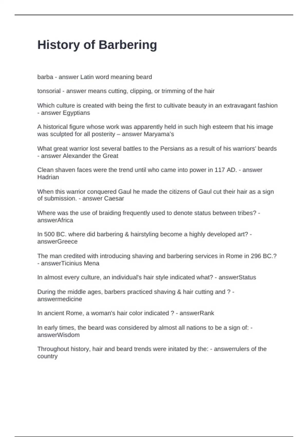 History of Barbering Questions and Answers Correct - Barber - Stuvia US