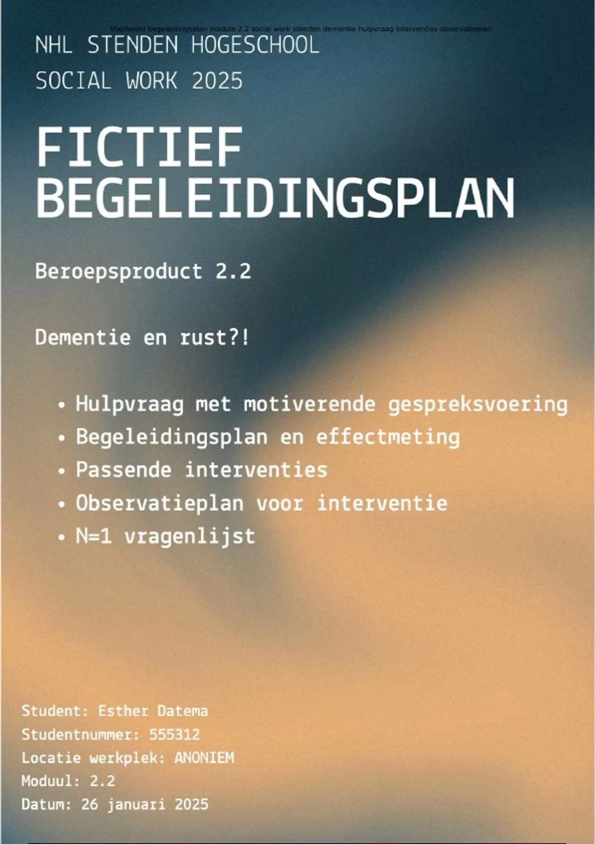 Voorbeeld begeleidingsplan Social work Stenden - Module 2.2 ...