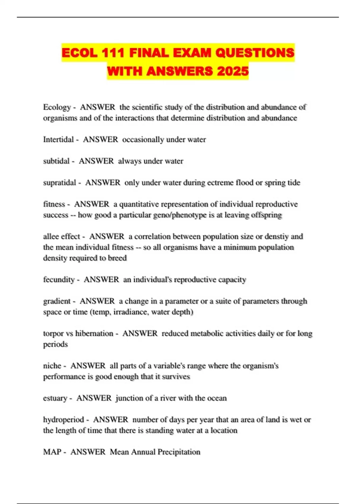 ECOL 111 FINAL EXAM QUESTIONS WITH ANSWERS 2025 - ECOL 111 - Stuvia US