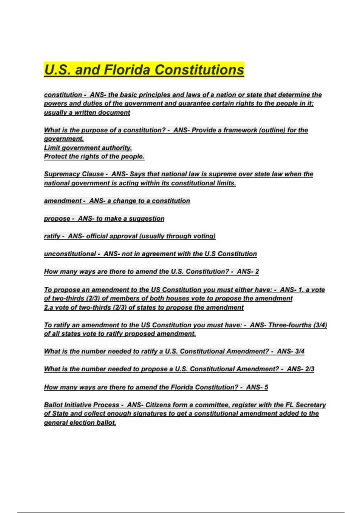 U.S. and Florida Constitutions Exam Questions and Answers 2025/2026( A+ ...