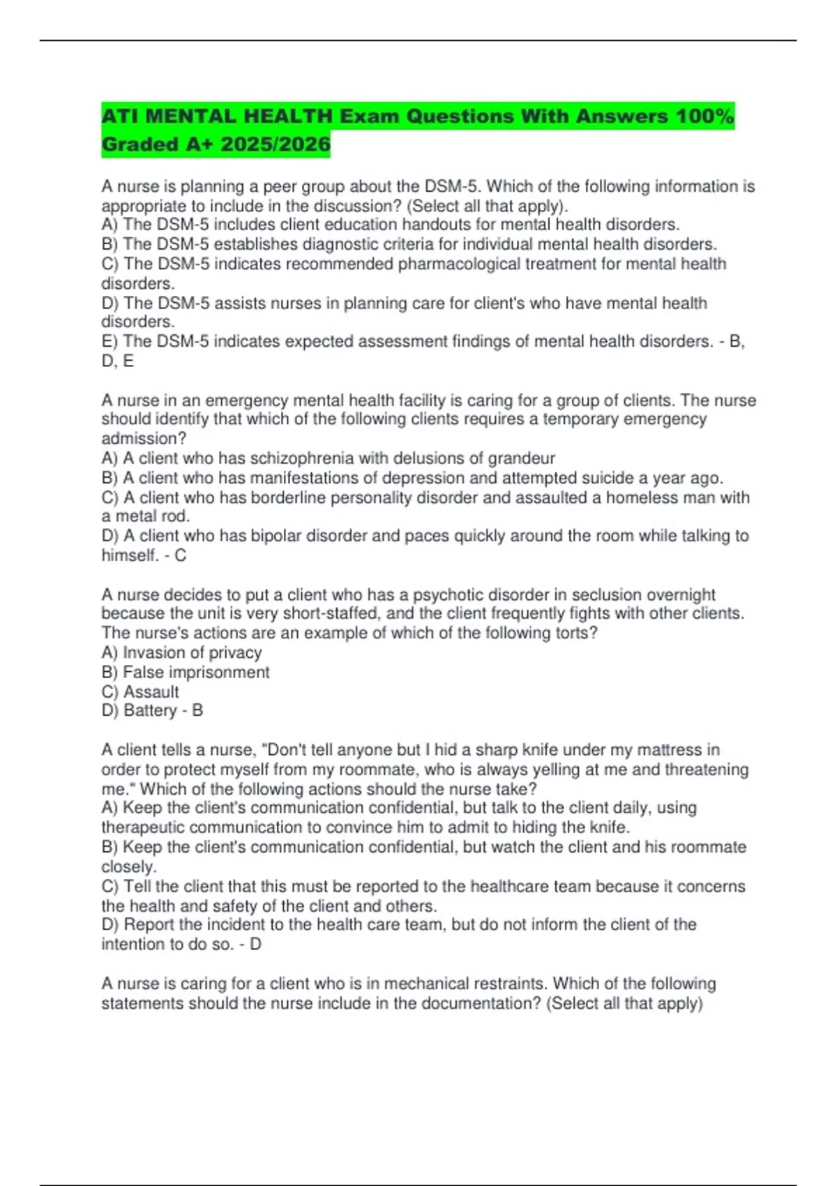 ATI MENTAL HEALTH Exam Questions With Answers 100% Graded A+ 2025/2026 ...