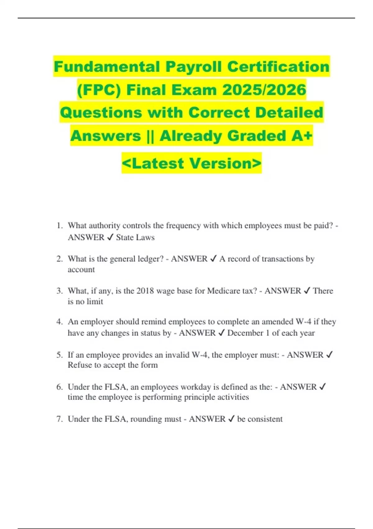 Fundamental Payroll Certification Fpc Final Exam 2025 2026 Questions With Correct Detailed