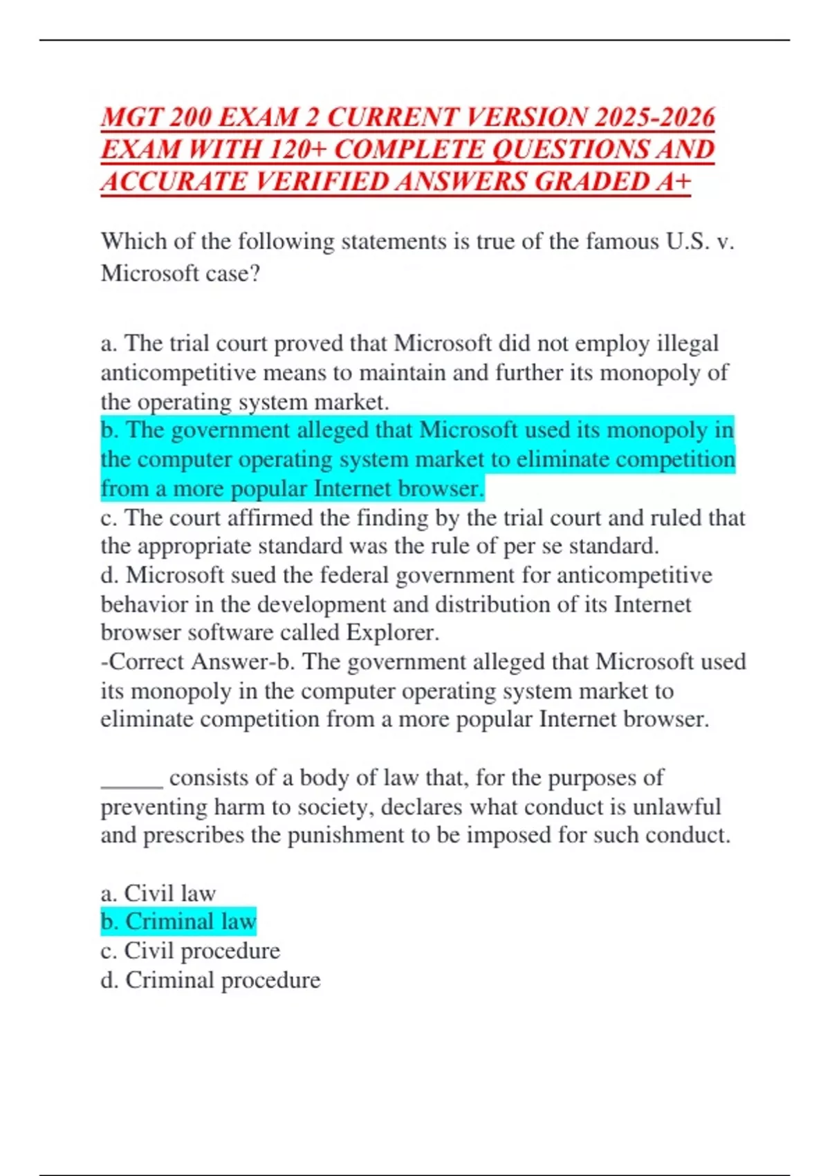 MGT 200 EXAM 2 CURRENT VERSION EXAM WITH 120+ COMPLETE QUESTIONS AND ...