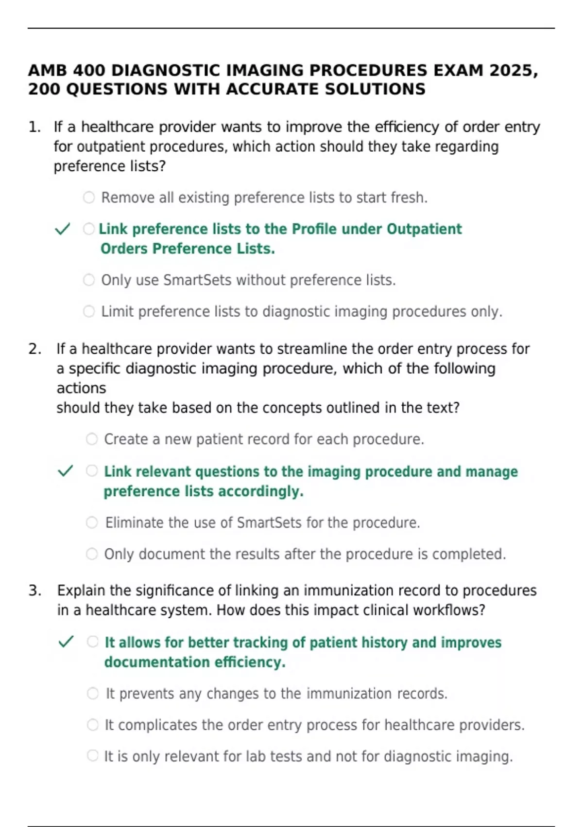 AMB 400 DIAGNOSTIC IMAGING PROCEDURES EXAM 2025, 200 QUESTIONS WITH ...