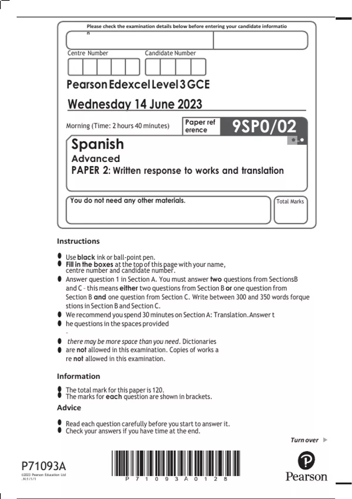 Pearson Edexcel Level 3 GCE Spanish Advanced PAPER 2 Written response ...